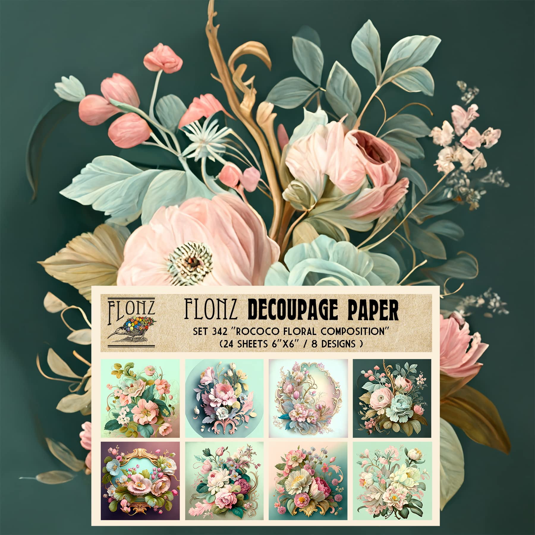 Decoupage Paper Pack (24 Sheets 6"x6") BSL1 Rococo Floral Composition ...