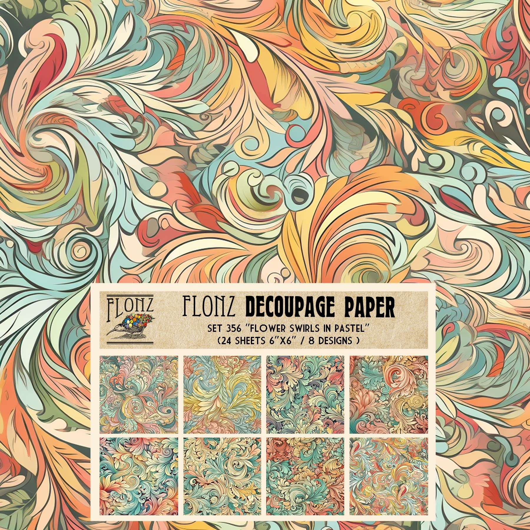 Decoupage Paper Pack (24 YPF5 Sheets 6"x6") Flowers Swirls in Pastel ...