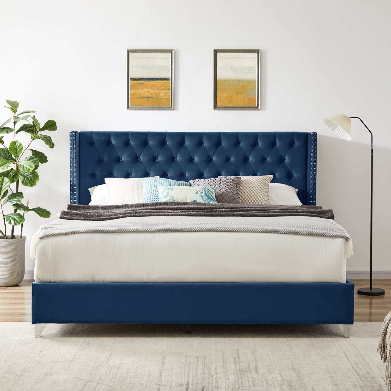 DeeHome B100S King bed, Button designed Headboard,strong wooden slats ...