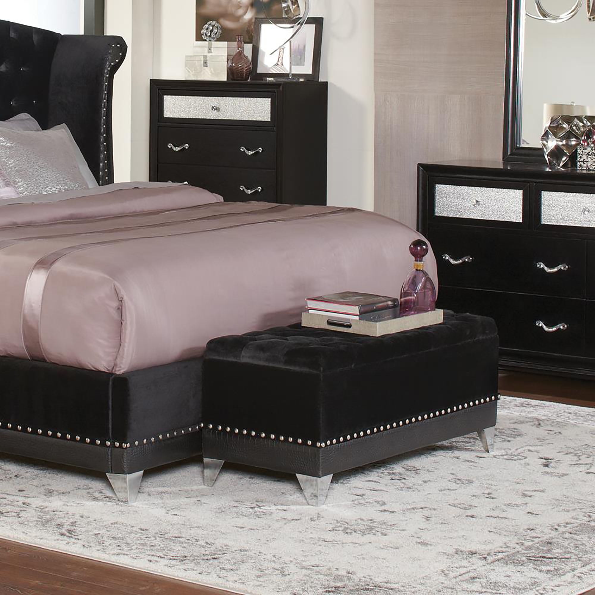 Black Tufted Storage Trunk with Nailhead Trim - Glamorous Entryway ...