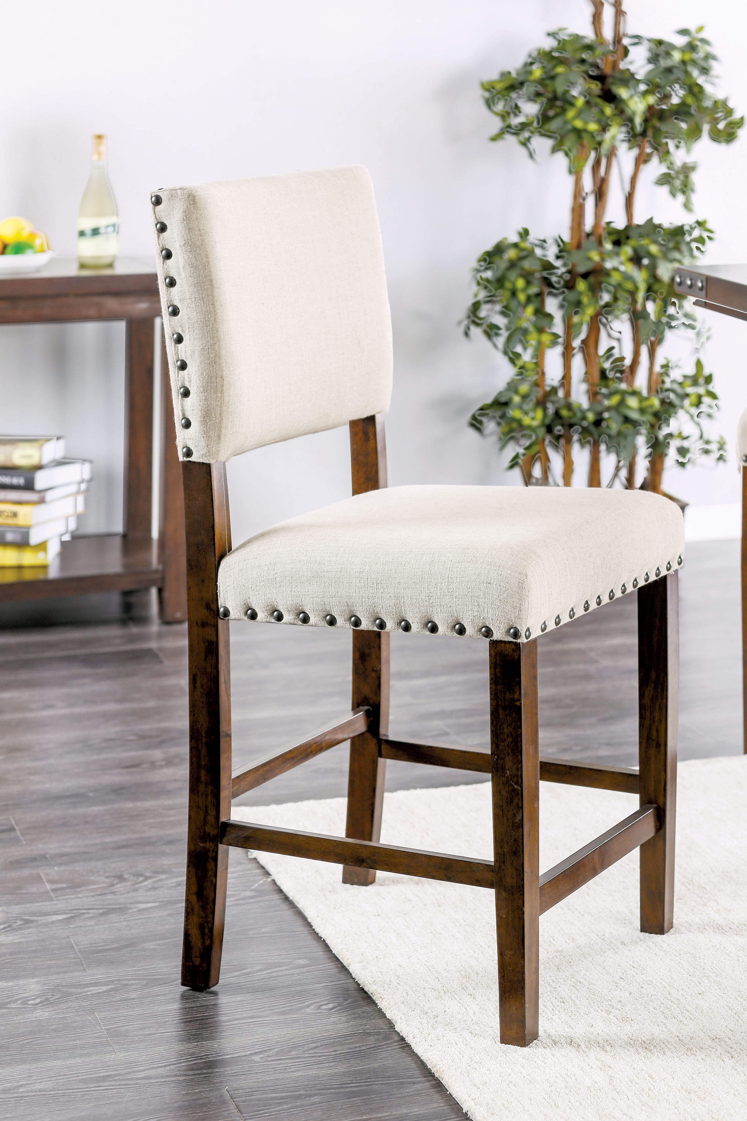 DeeHome Classic Set of 2pc Counter Height Dining Chairs Ivory Fabric Padded Linen Chairs ...