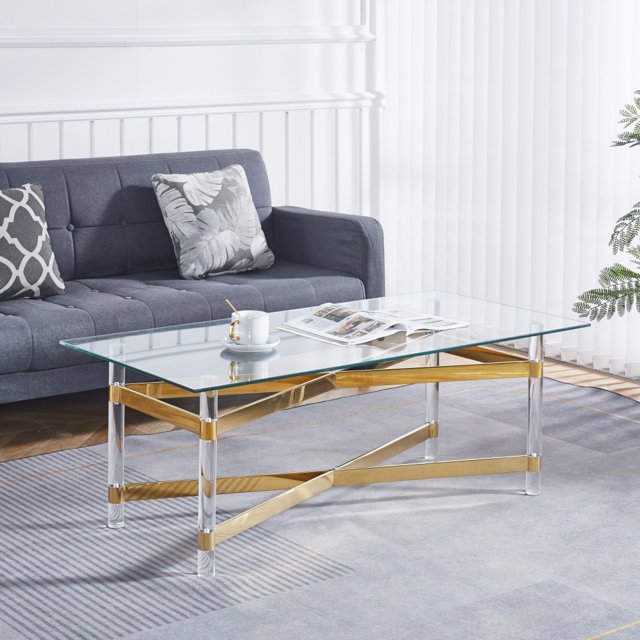 DeeHome Gold Stainless Steel Coffee Table With acrylic Frame and Clear ...