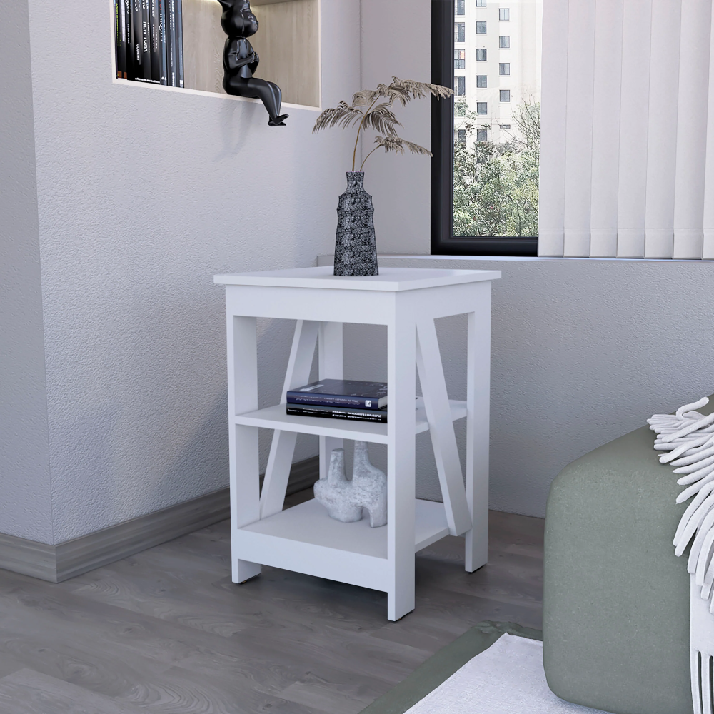 White Wood Side Table, Two Shelf Storage, Modern Living Room Furniture ...