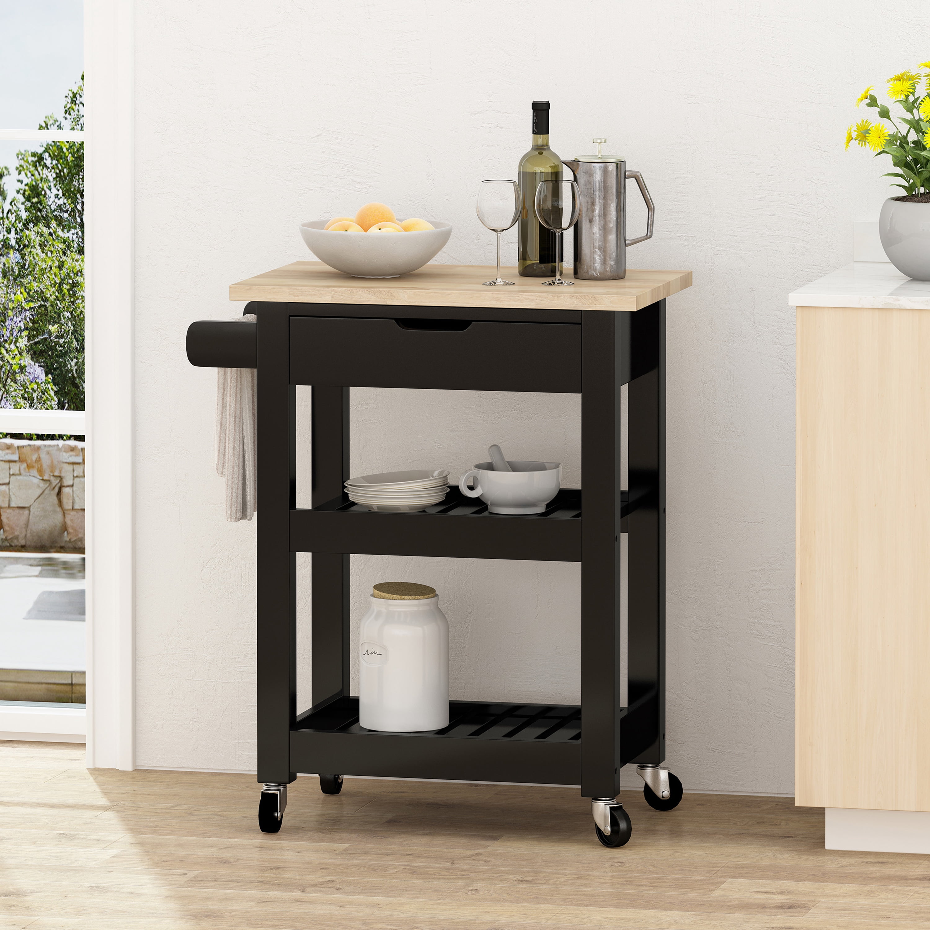 Rolling Kitchen Cart with Drawers and Shelves, Black Wooden Kitchen ...