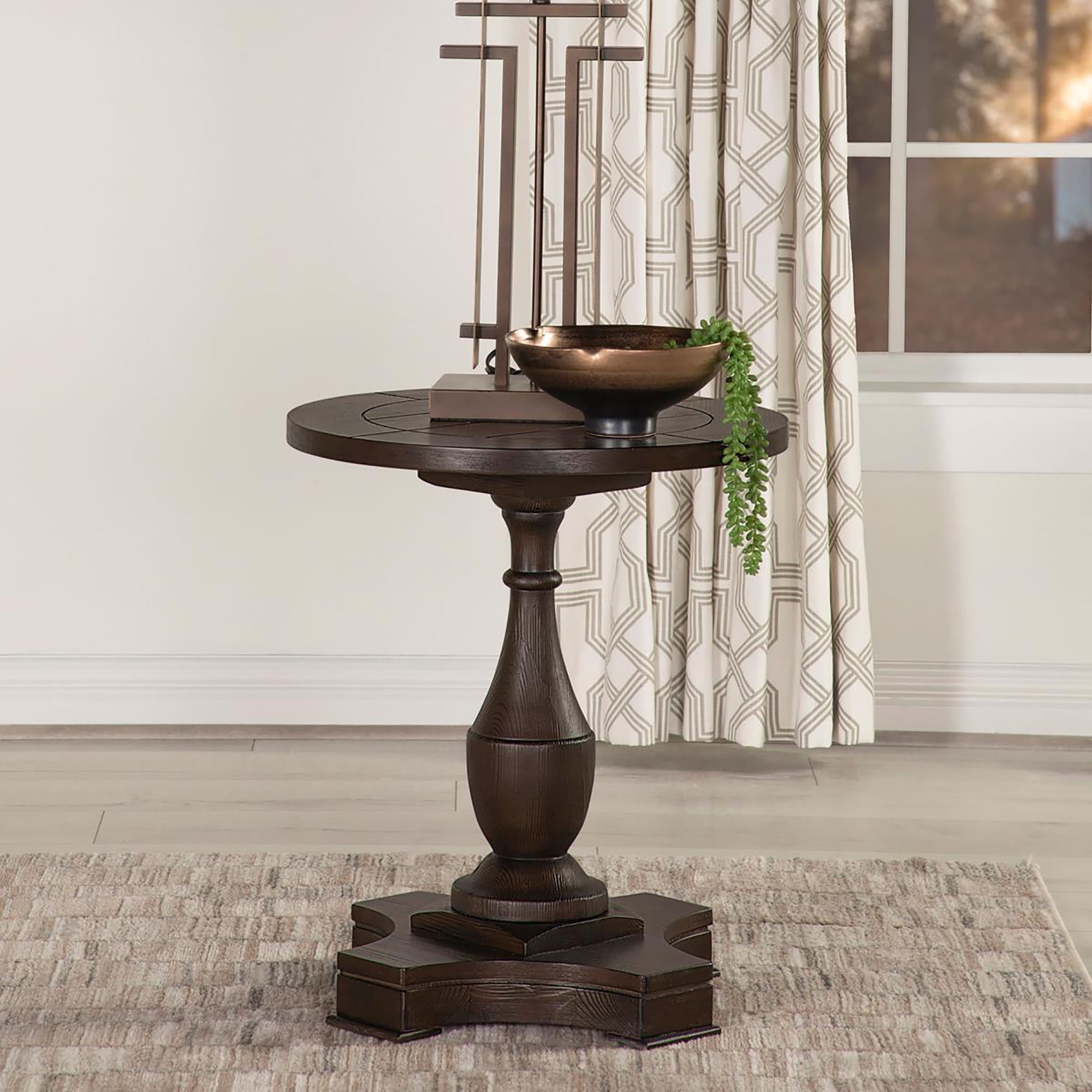 Rustic Round End Table with Carved Pedestal Base - 20 Inch Coffee ...