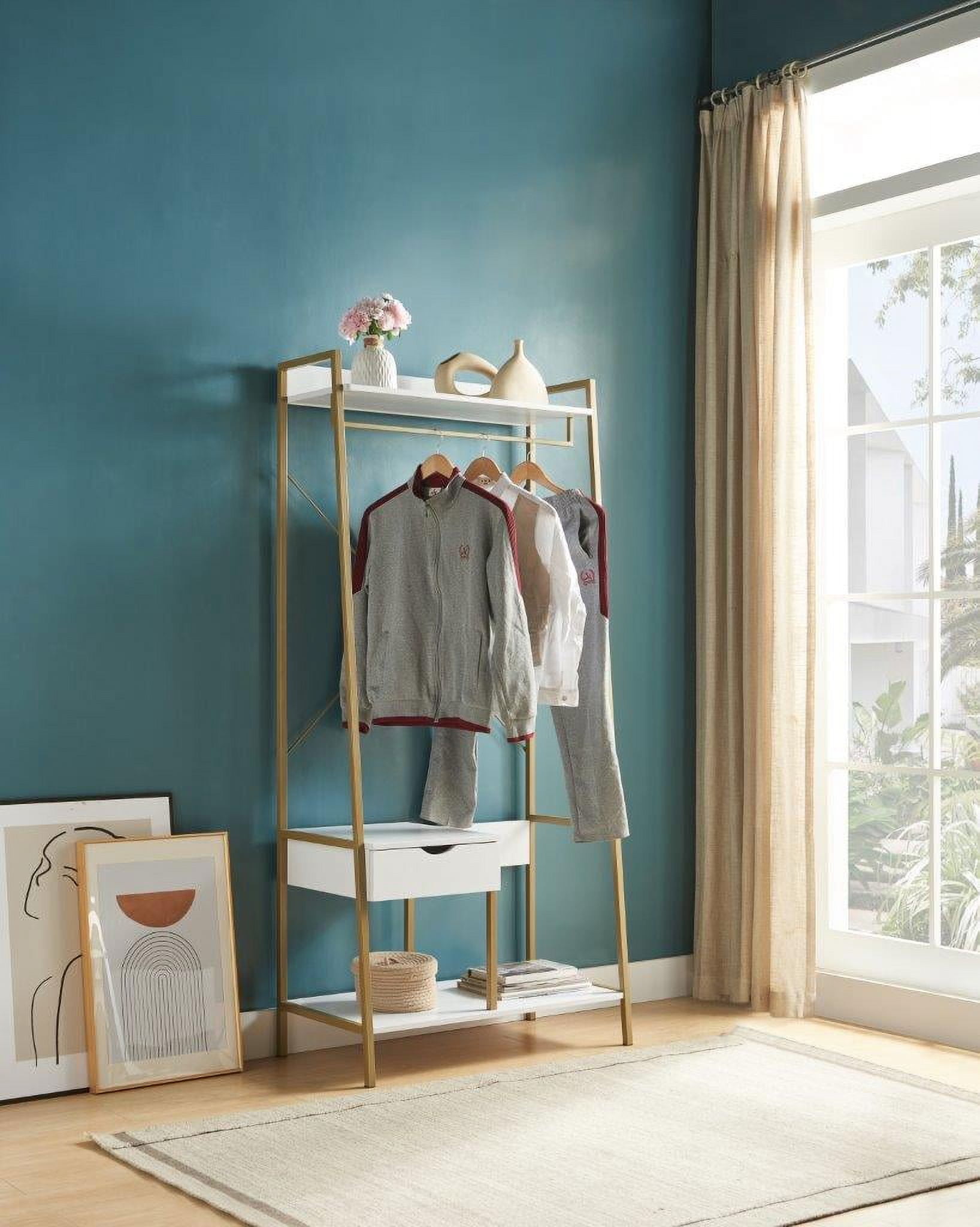 DeeHome Metal Clothes Rack Open Wardrobe Free Standing with One Drawer ...