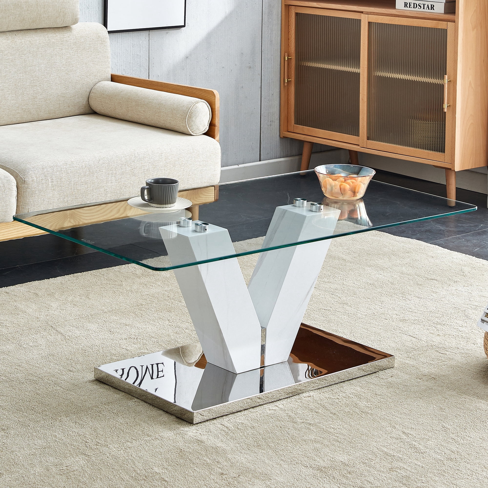 DeeHome Modern minimalist coffee table. Transparent tempered glass ...