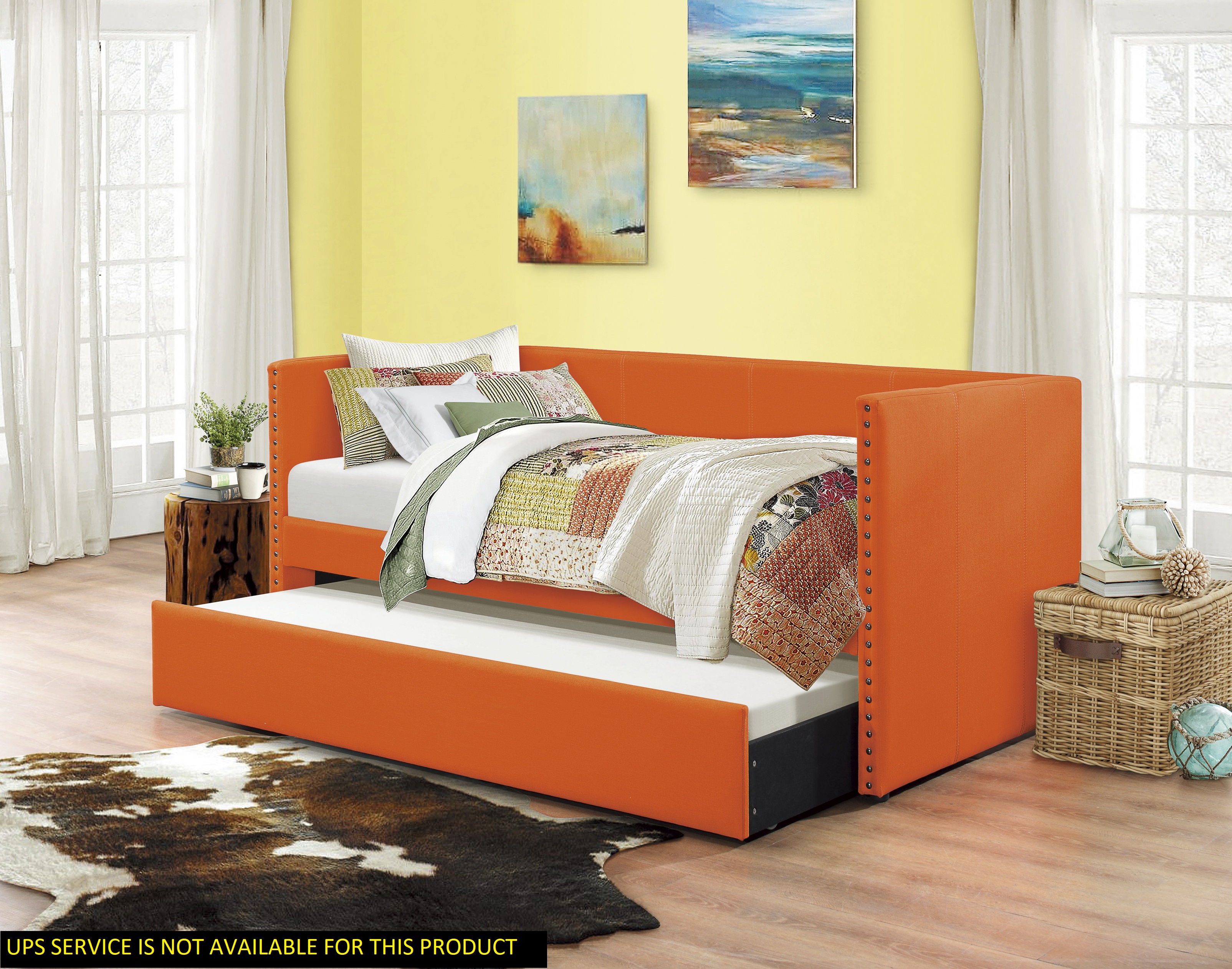 DeeHome Orange Fabric Upholstered 1pc Day Bed with Pull-out Trundle ...