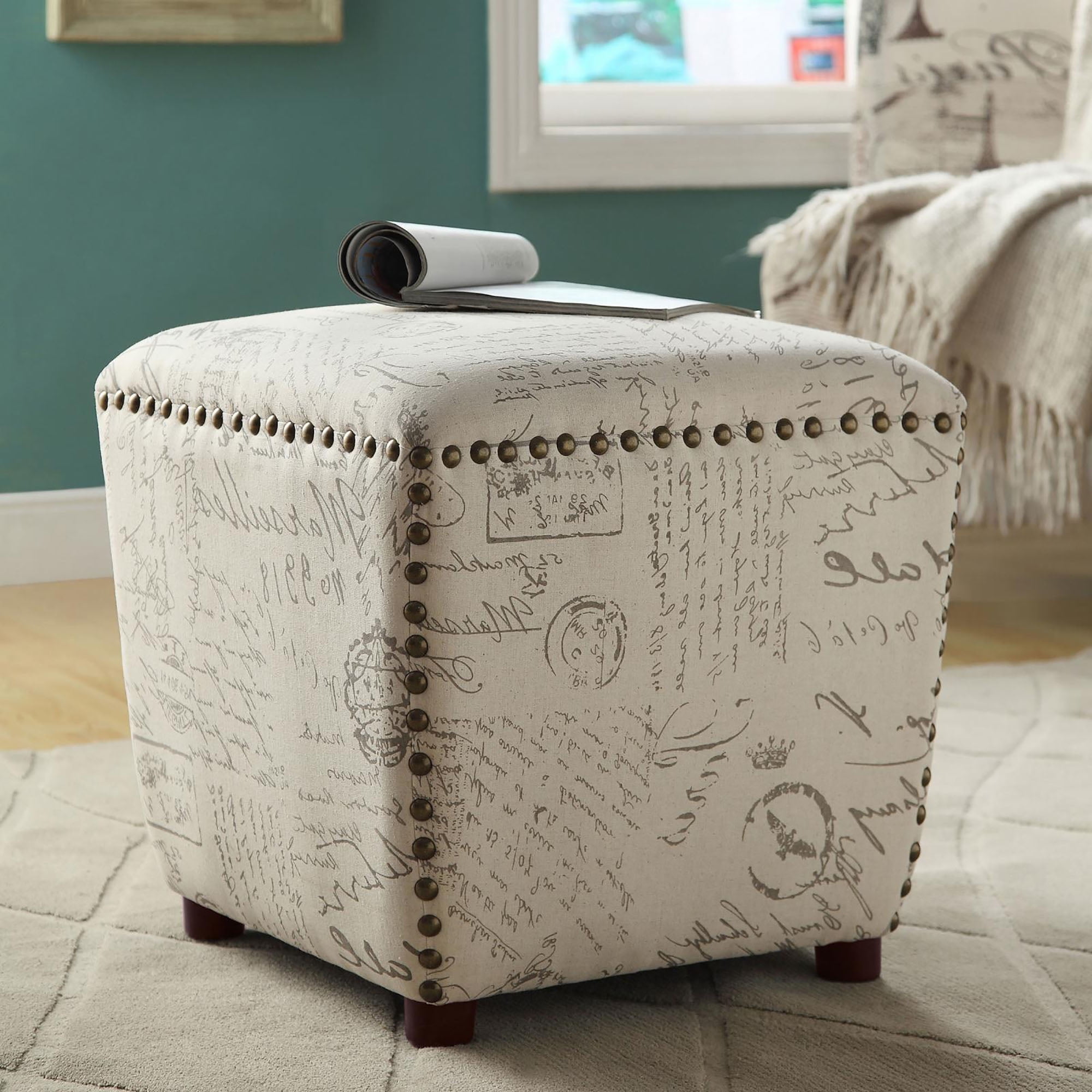 French Script Upholstered Ottoman, Beige - Versatile Accent Stool for ...