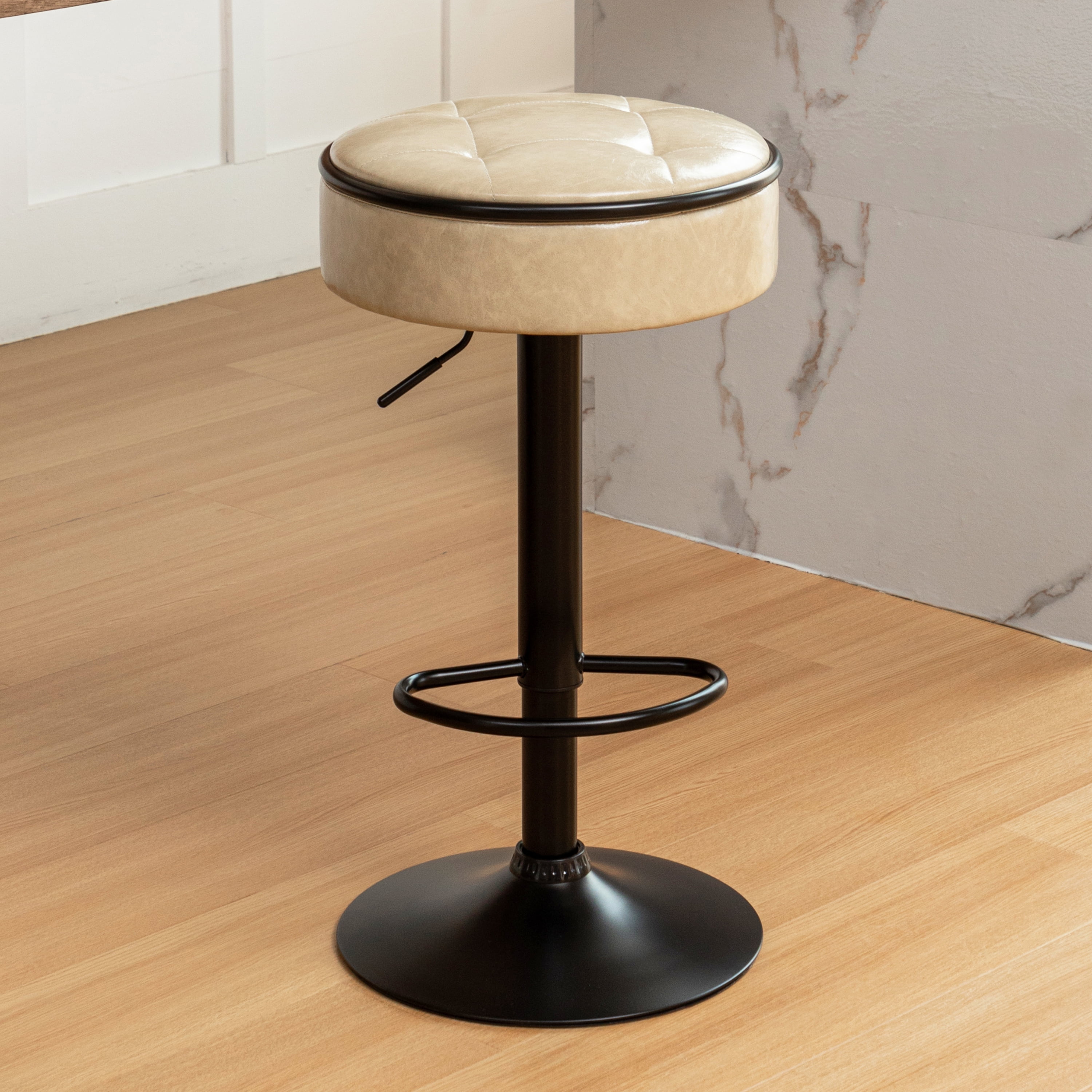 DeeHome Round Storage Bar Stool Set of 2, Khaki Faux Leather Height ...