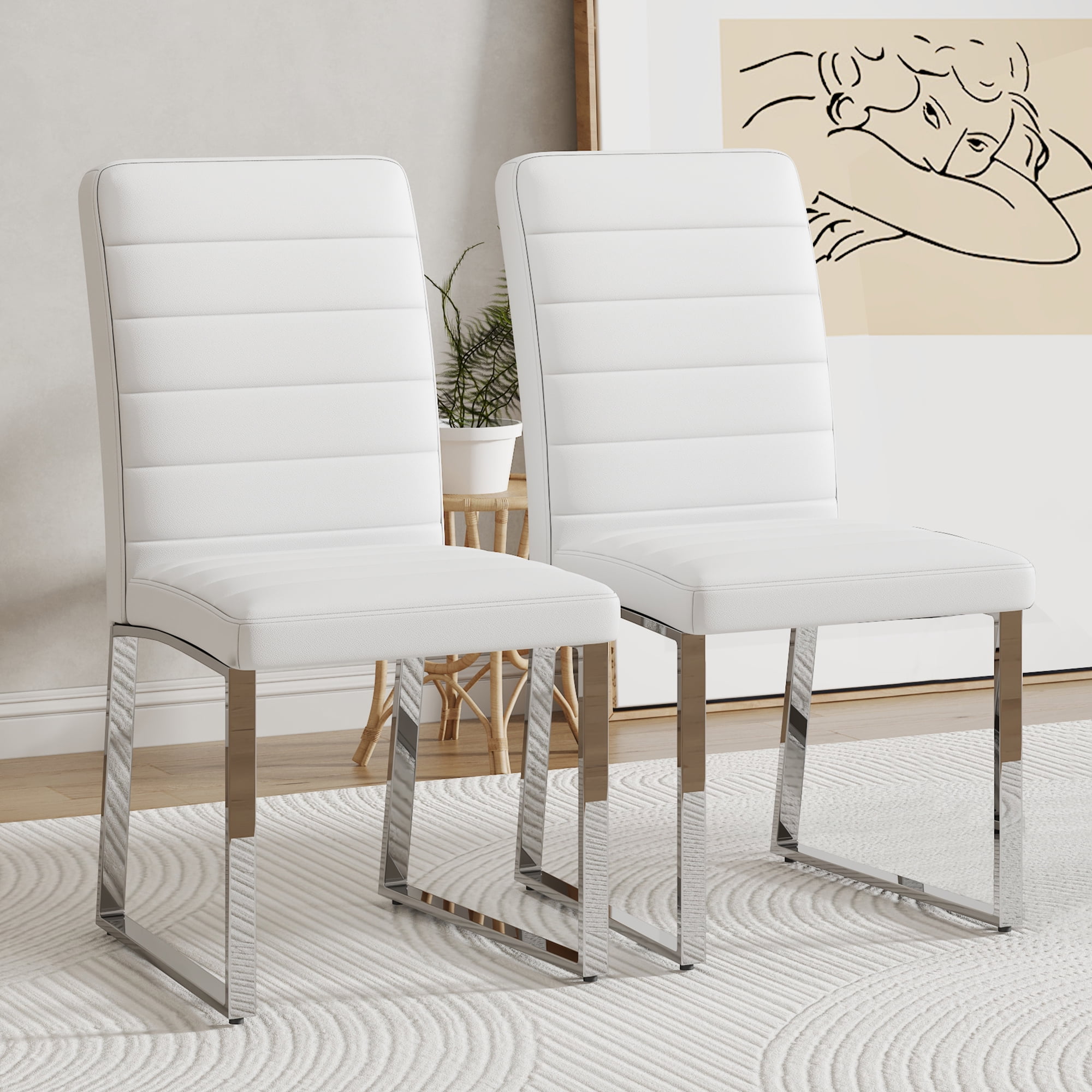 DeeHome Set of 2 dining chairs, white dining chair set, PU material ...