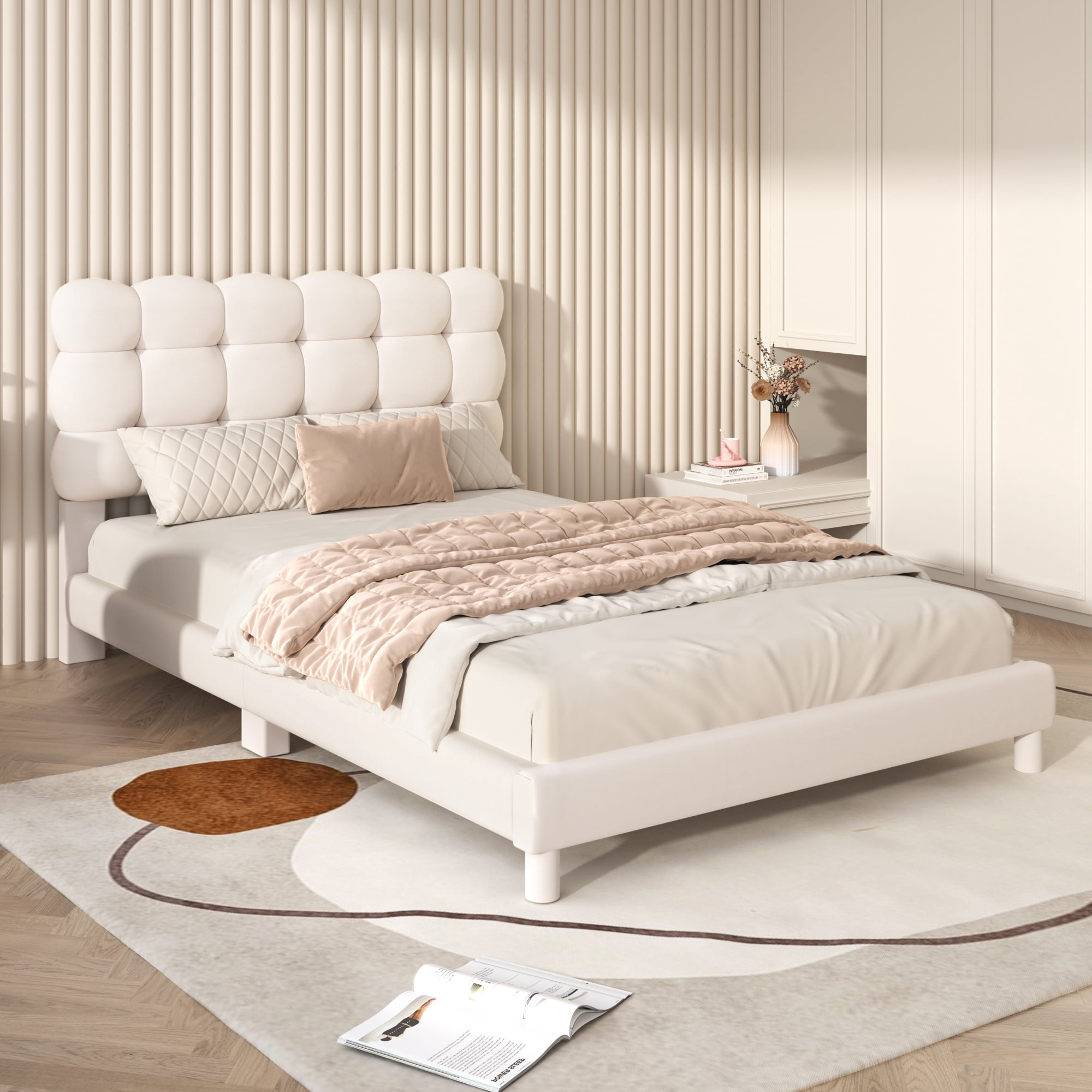 DeeHome Twin Size Upholstered Platform Bed with Soft Headboard,White ...