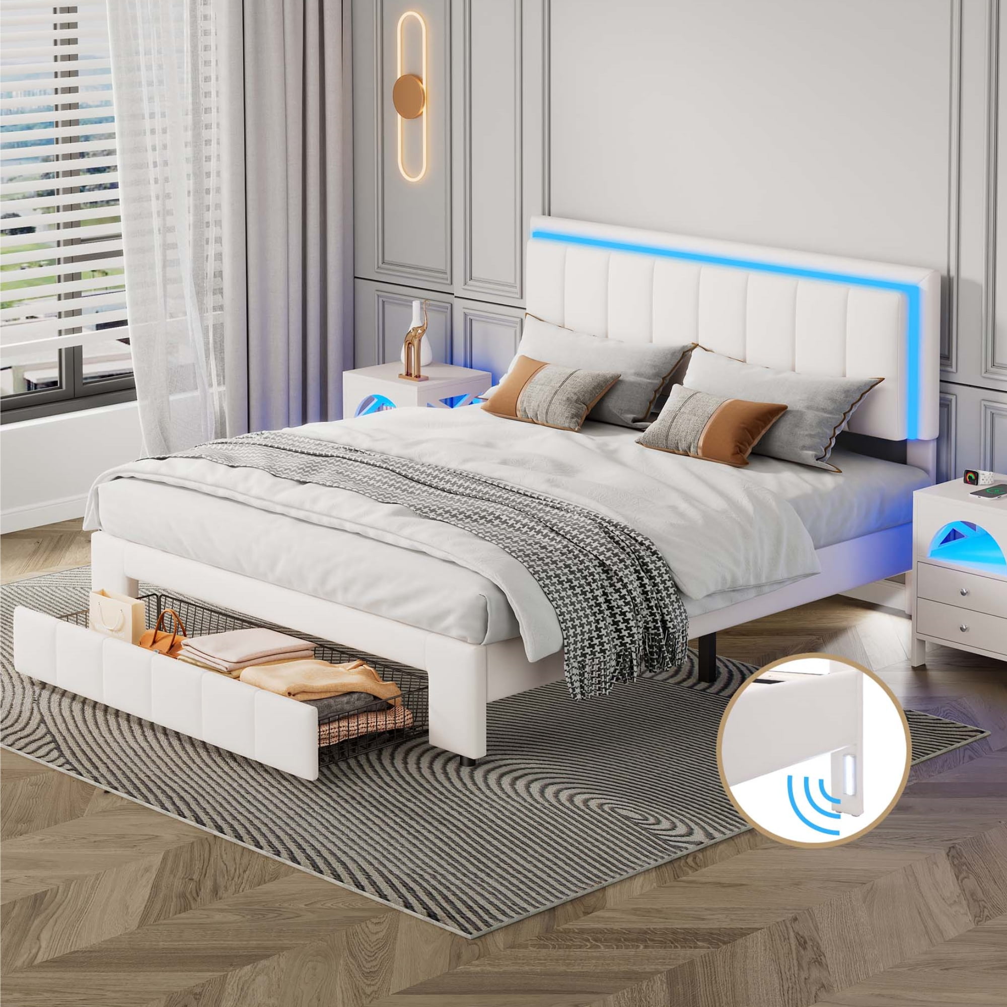 DeeHome Upholstered Platform Bed with LED Lights and Two Motion ...