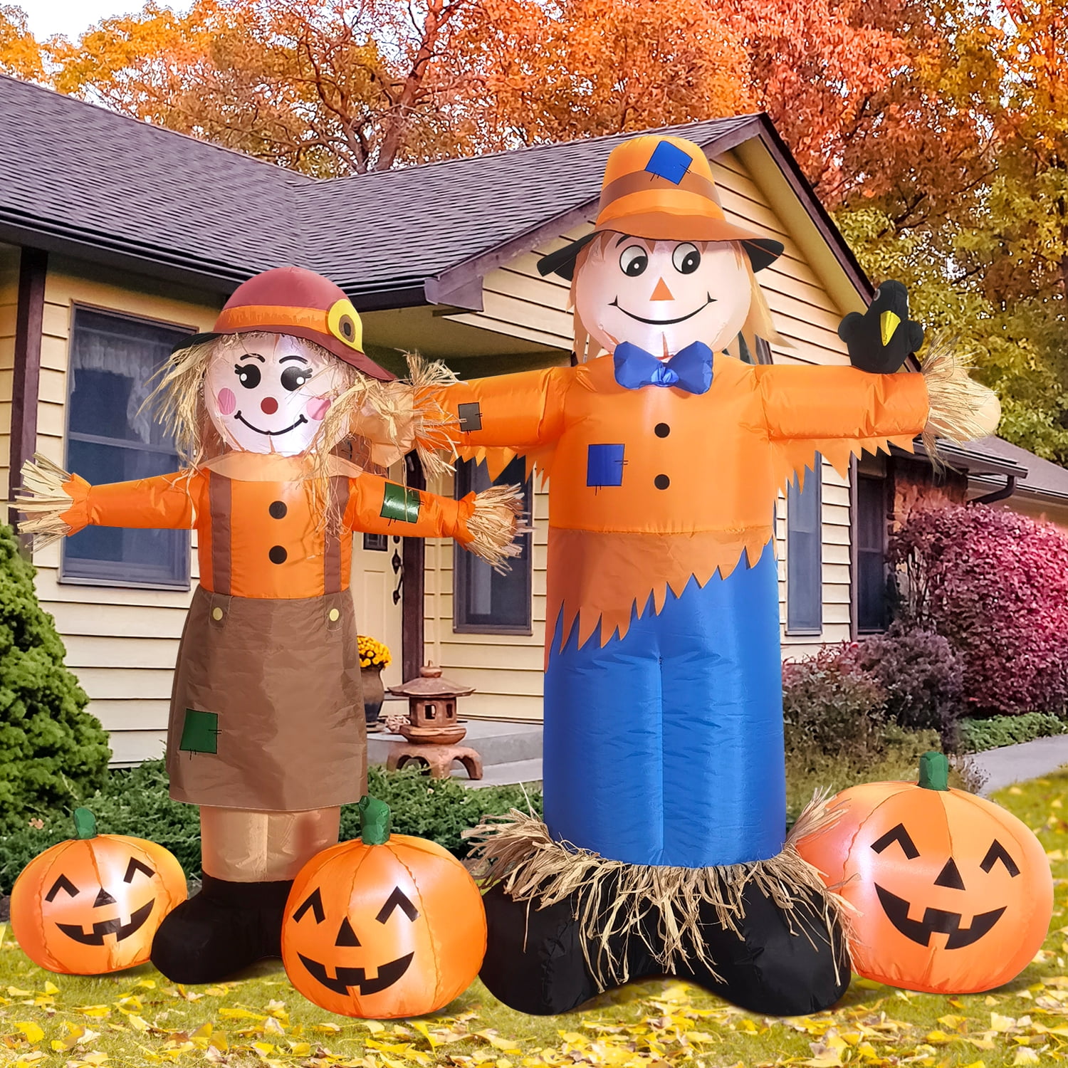 6FT Long Thanksgiving Harvest Inflatable Boy & Girl Scarecrow Outdoor ...
