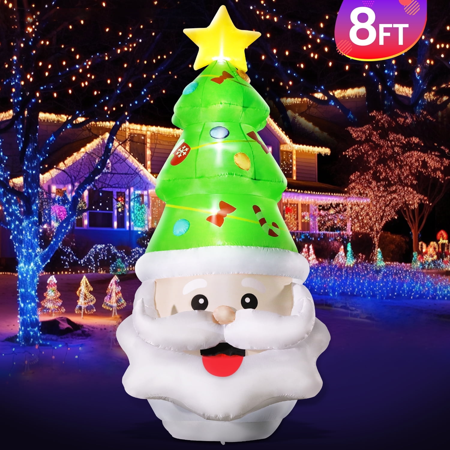 DeeKom 8Ft Christmas Inflatable Santa Claus Tree Decorations, Xmas Blow Up Outdoor Decor with ...