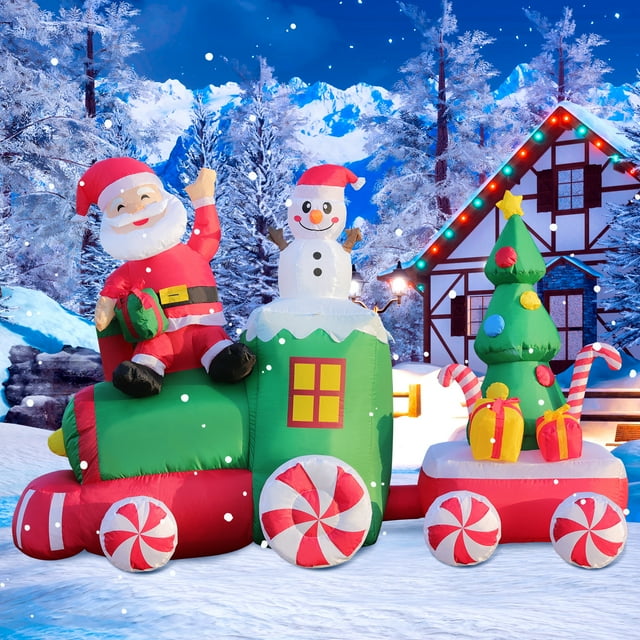 DeeKom Chritmas Inflatable Decorations, 6ft Blow up Santa Snowman and Tree on Train with LEDs ...