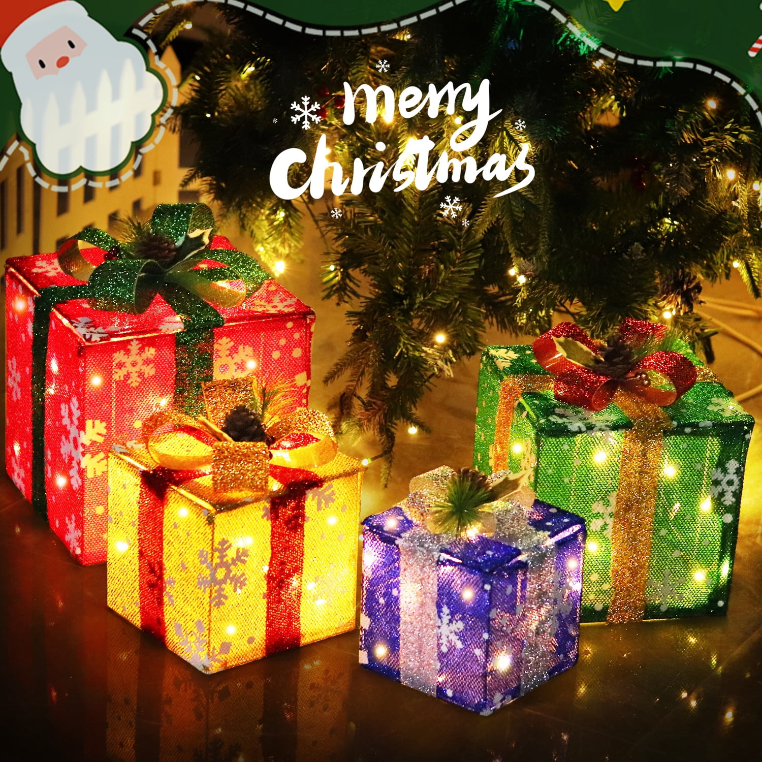 DeeKom Set of 4 Christmas Lighted Gift Boxes, Pre-lit Lights Gift Boxes ...
