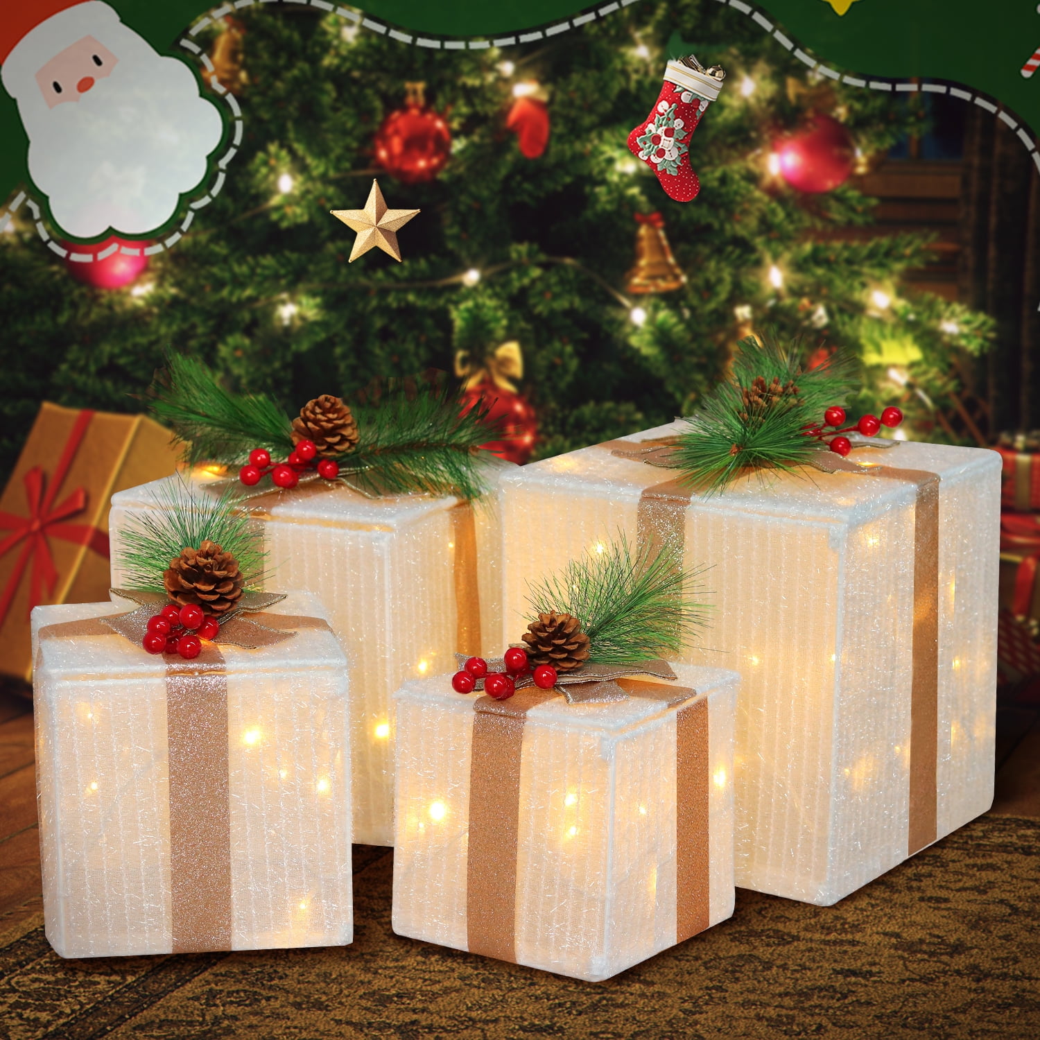 DeeKom Set of 4 Christmas Lighted Gift Boxes, Outdoor Present LED ...
