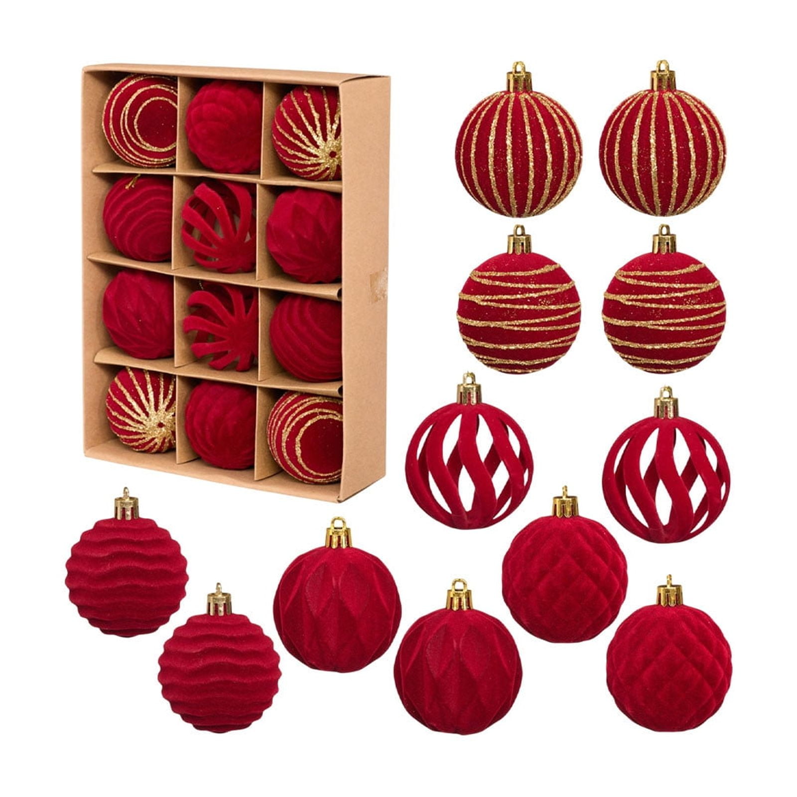Deeceymbur 12 Pcs Easy Hang Flocked Christmas Balls Multi Style Tree ...