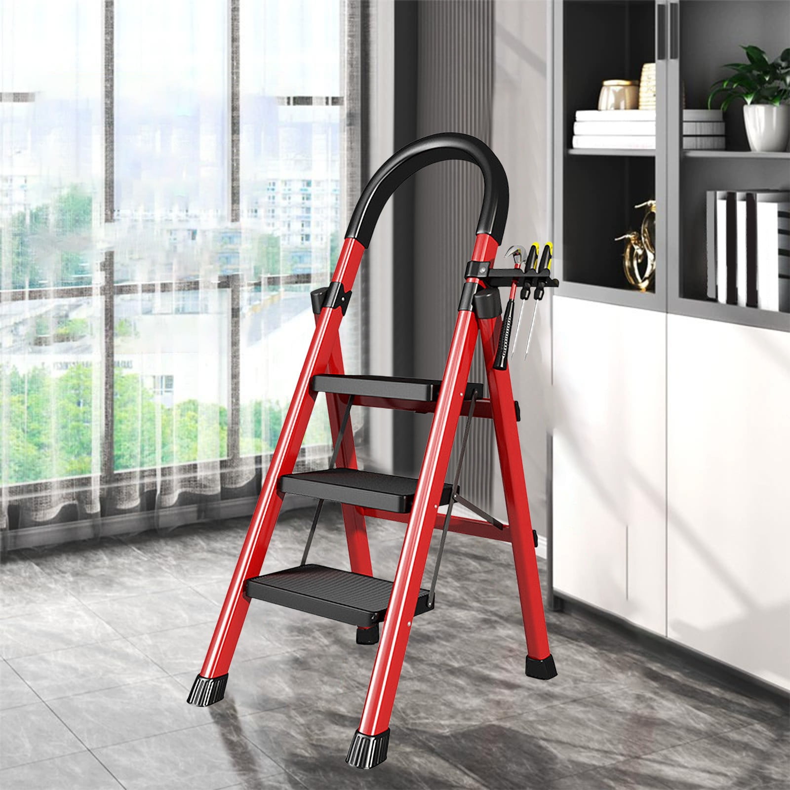 Deeceymbur 3 Step Folding Ladder 330lbs Capacity Carbon Steel Ladder ...