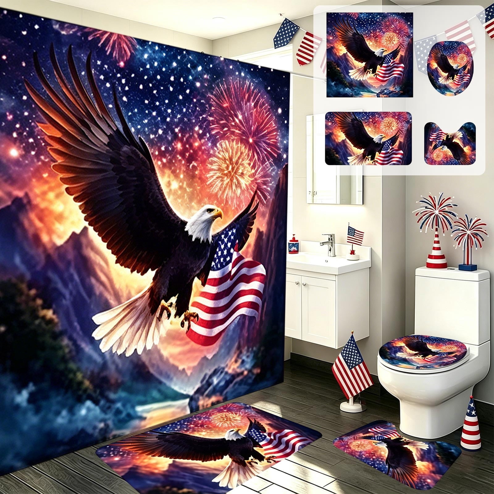 Deeceymbur Independence Day Bathroom 4 Piece Set Waterproof Shower ...