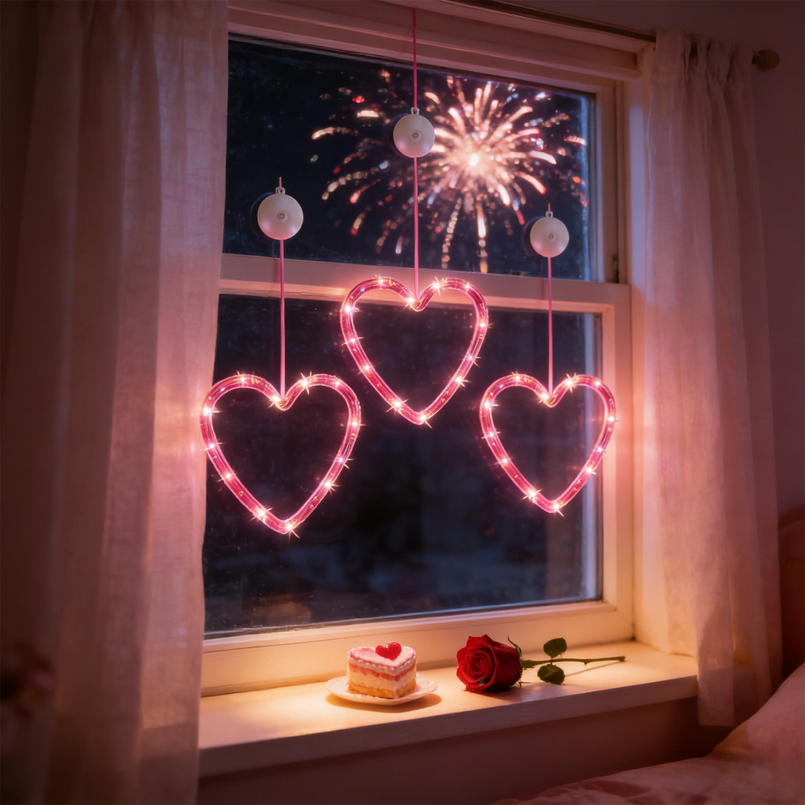 Deeceymbur LED Curtain Light Set with Suction Cups Romantic Heart ...