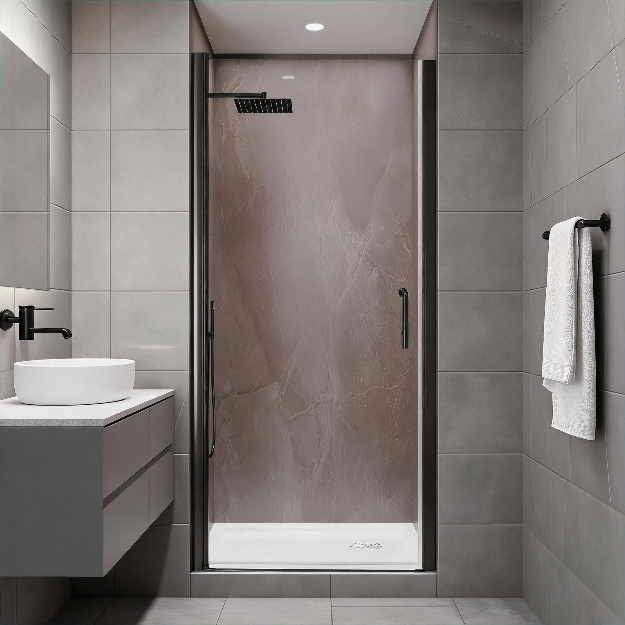 Deep Black Aluminum Pivot Shower Door Frameless Clear Glass for 34-36in ...