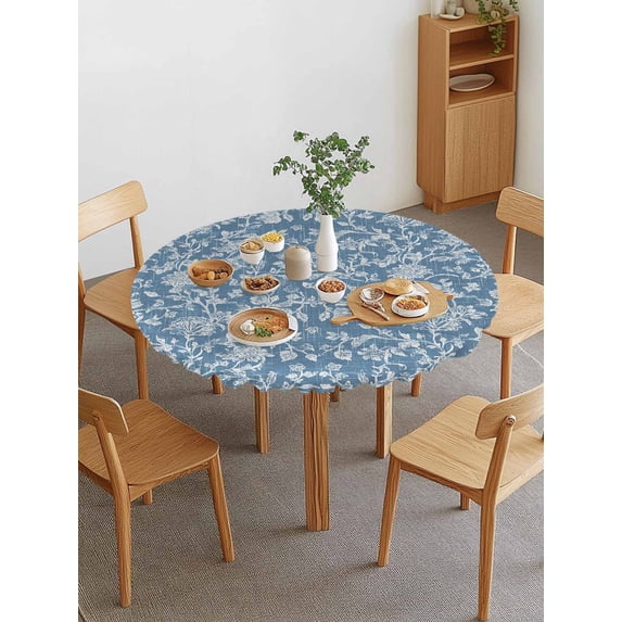 Deep Blue Floral Round Fitted Tablecloth with Elastic Edge, Pastoral ...