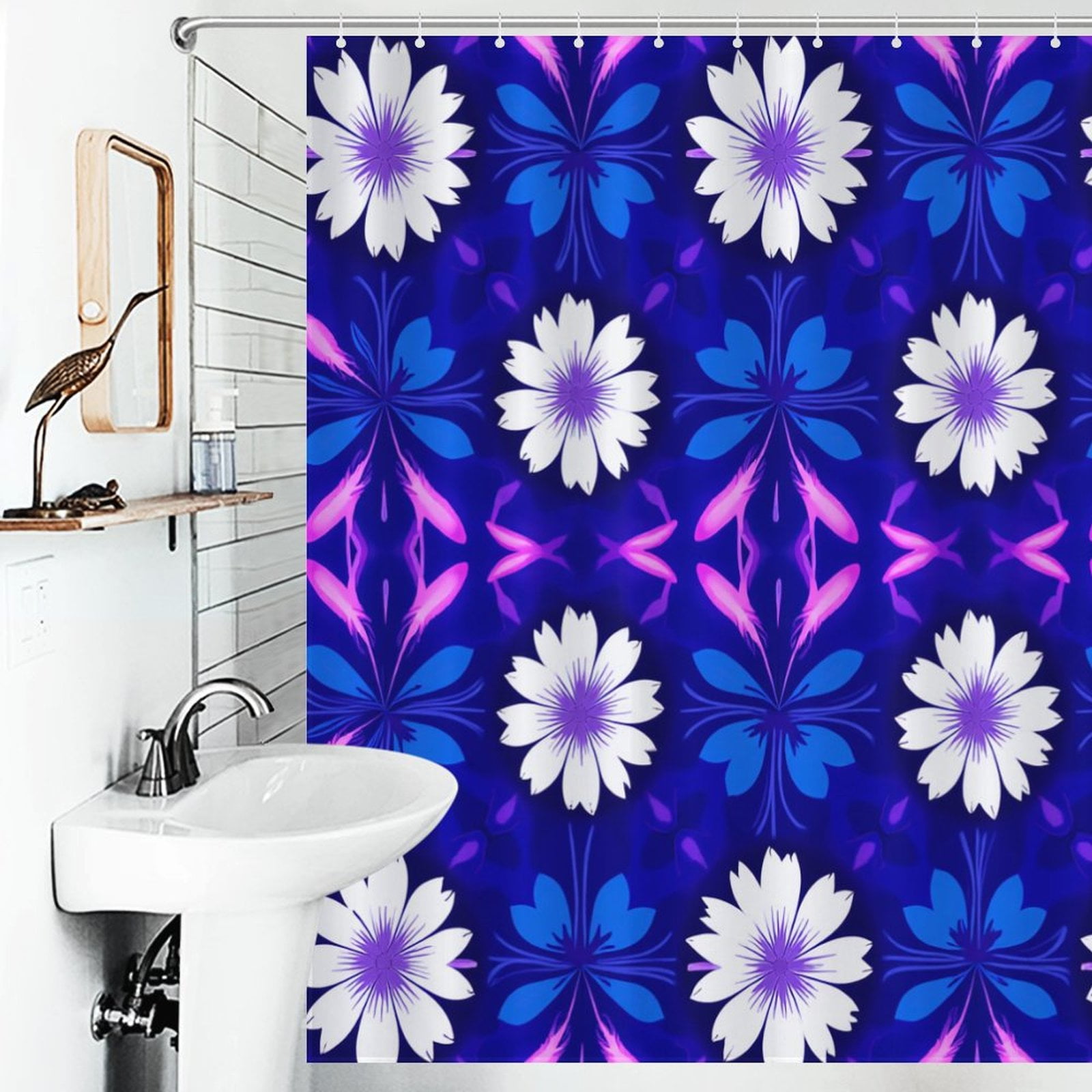 Deep Blue Flower Pattern Shower Curtains Bathroom Curtains Waterproof ...