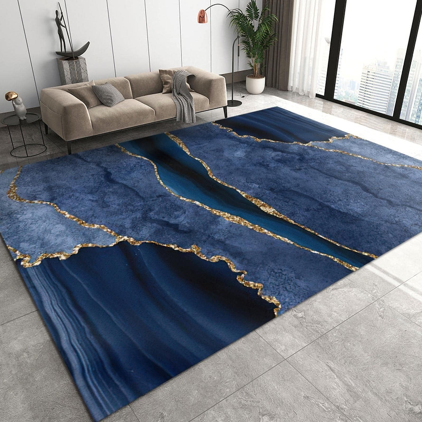 Deep Blue Gold Marble Area Rugs, Abstract Gold Line Blue Art Home Decor ...