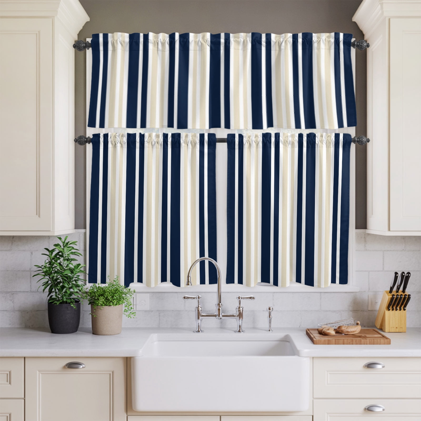 Deep Blue Khaki Stripe Curtain Tier and Valance Set 3 Piece,Minimalist ...