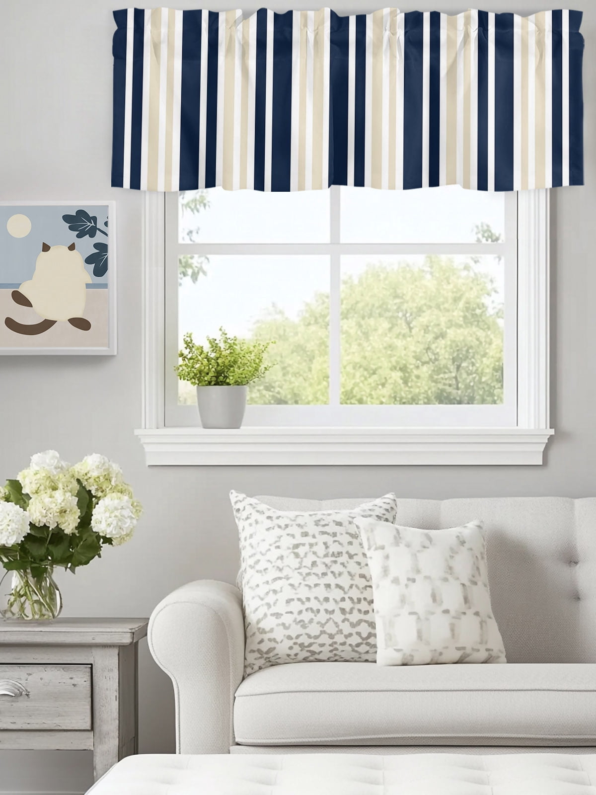 Deep Blue Khaki Stripe Valances for Windows,Kitchen Valance Rod Pocket ...