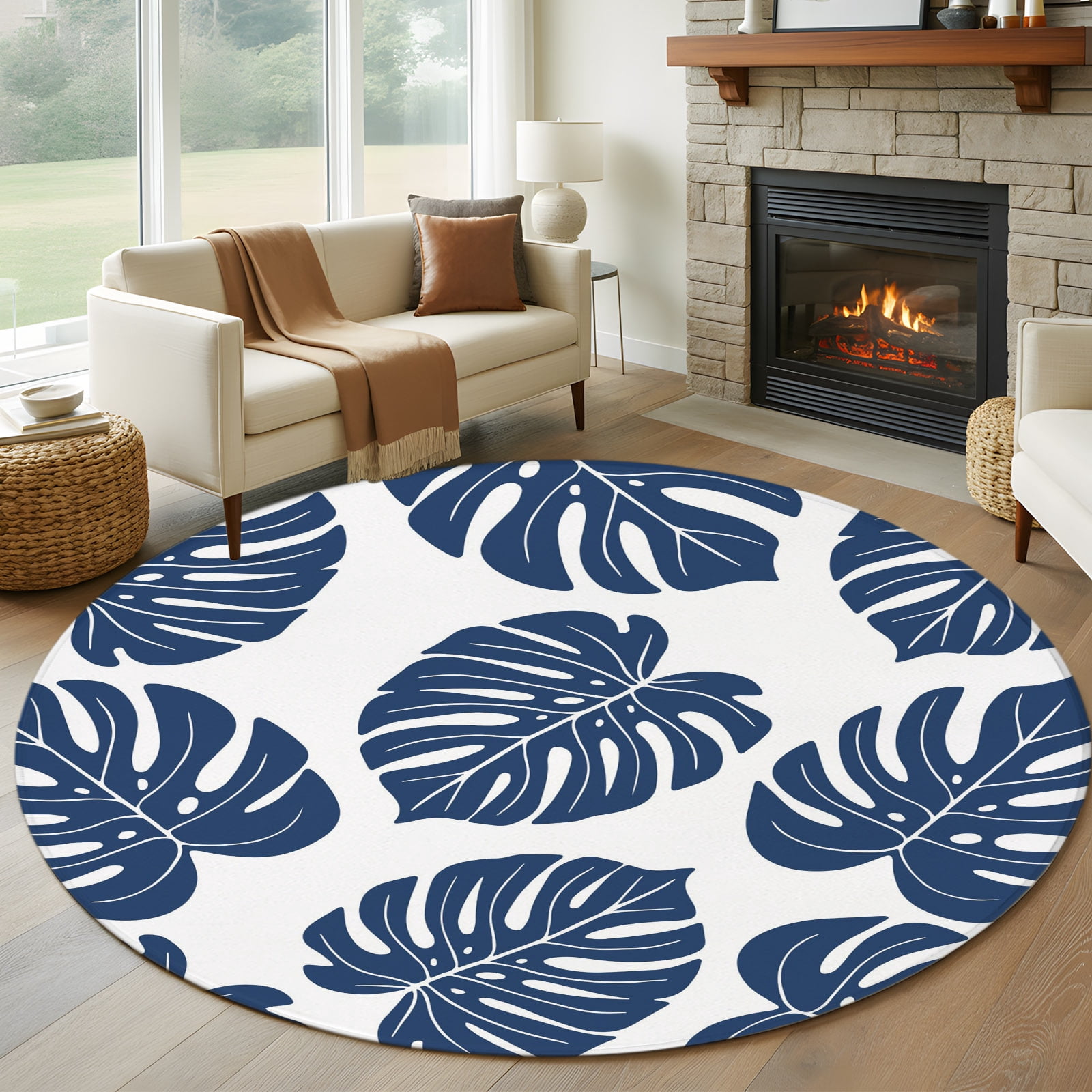 Deep Blue Monstera Leaf 7FT Round Area Rugs for Living Room Summer ...