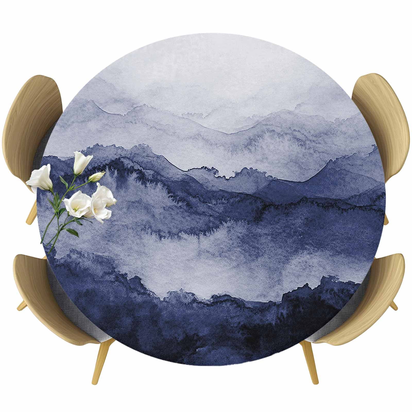 Deep Blue Mountain Gradient Round Fitted Tablecloth with Elastic Edge ...