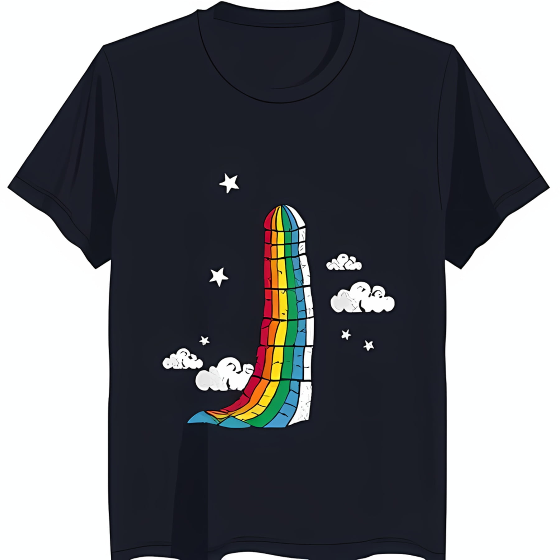 Deep Blue T-Shirt with Bold Rainbow Tower Graphic Imaginative Design ...