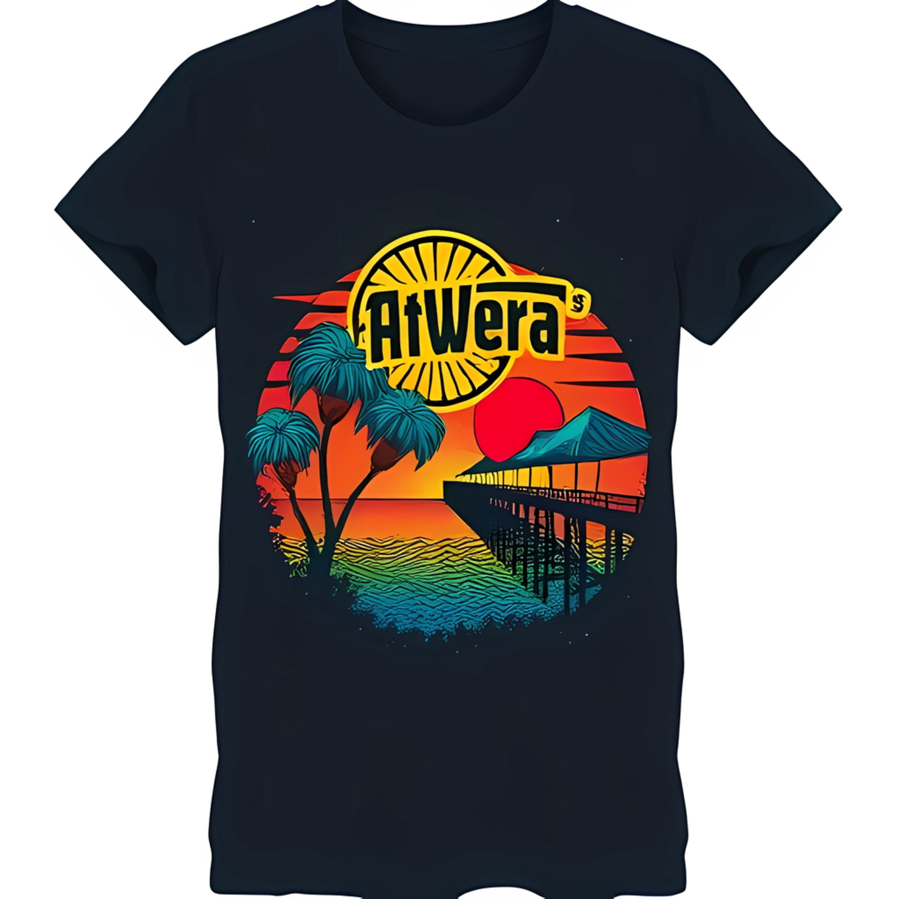 Deep Blue T-Shirt with Circular Sunset Design Pier & Trees 'AtWera ...