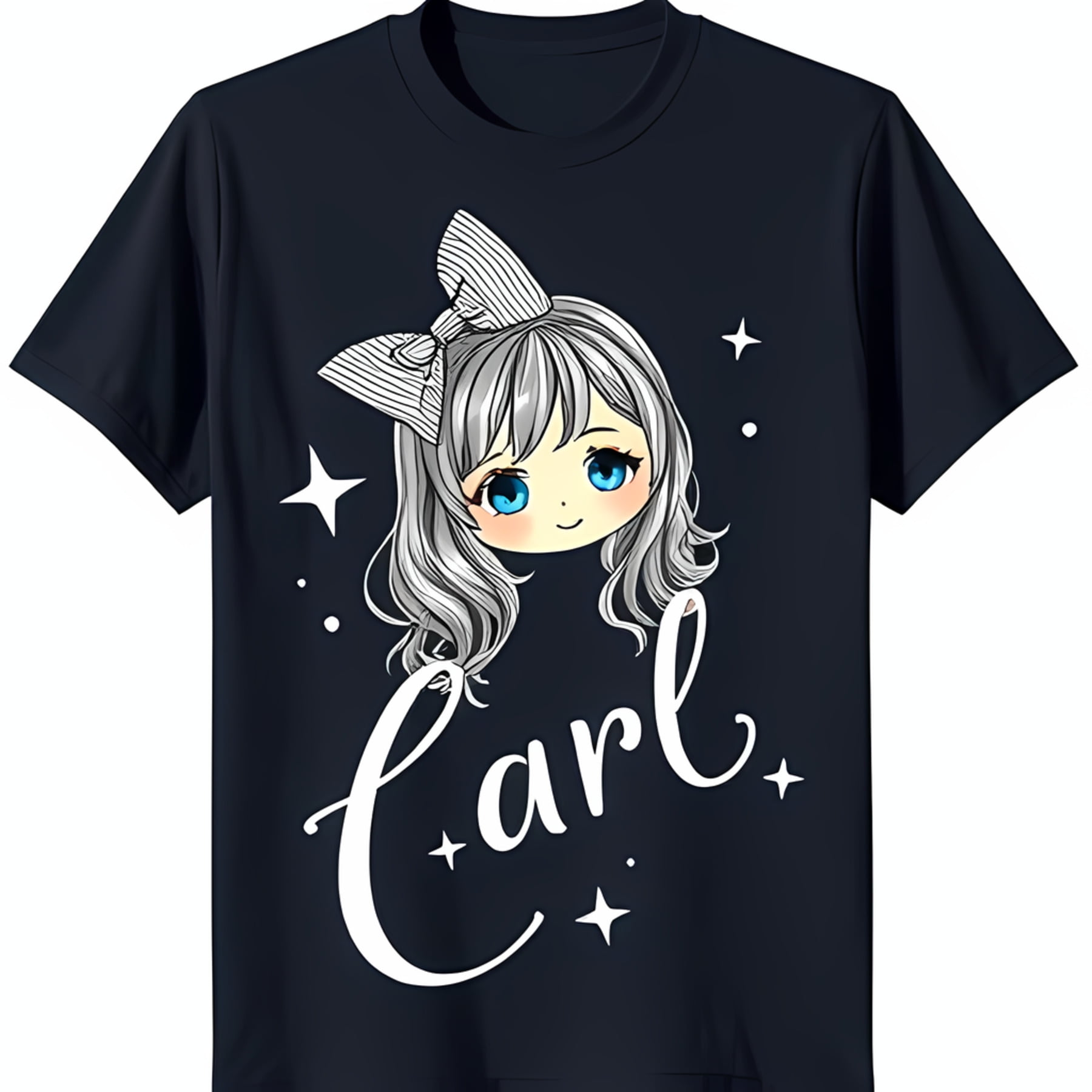 Deep Blue T-Shirt with Cute Anime Girl Design Silver Hair & Stars ...