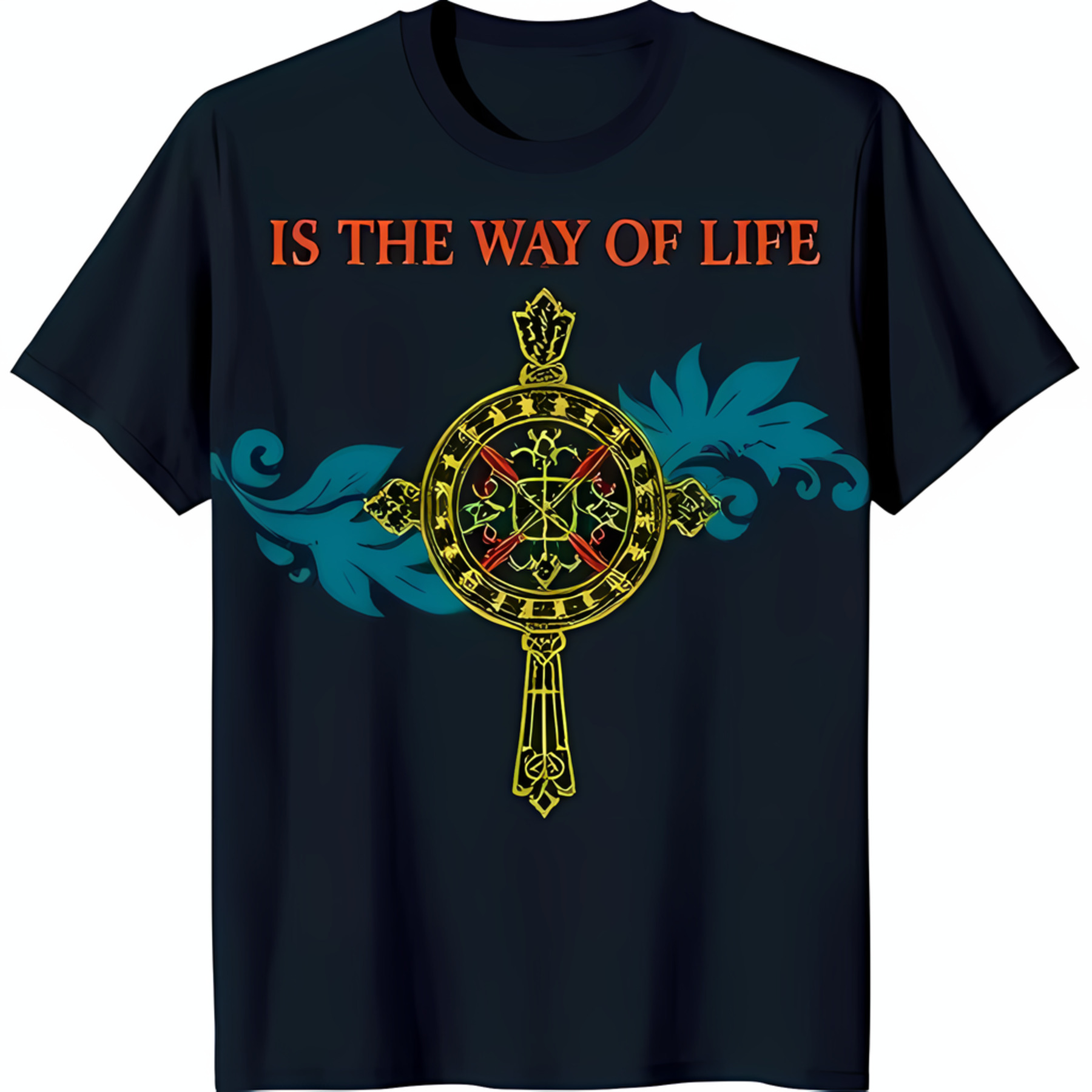 Deep Blue T-Shirt with Gold and Red Floral Design 'Is the Way of Life ...