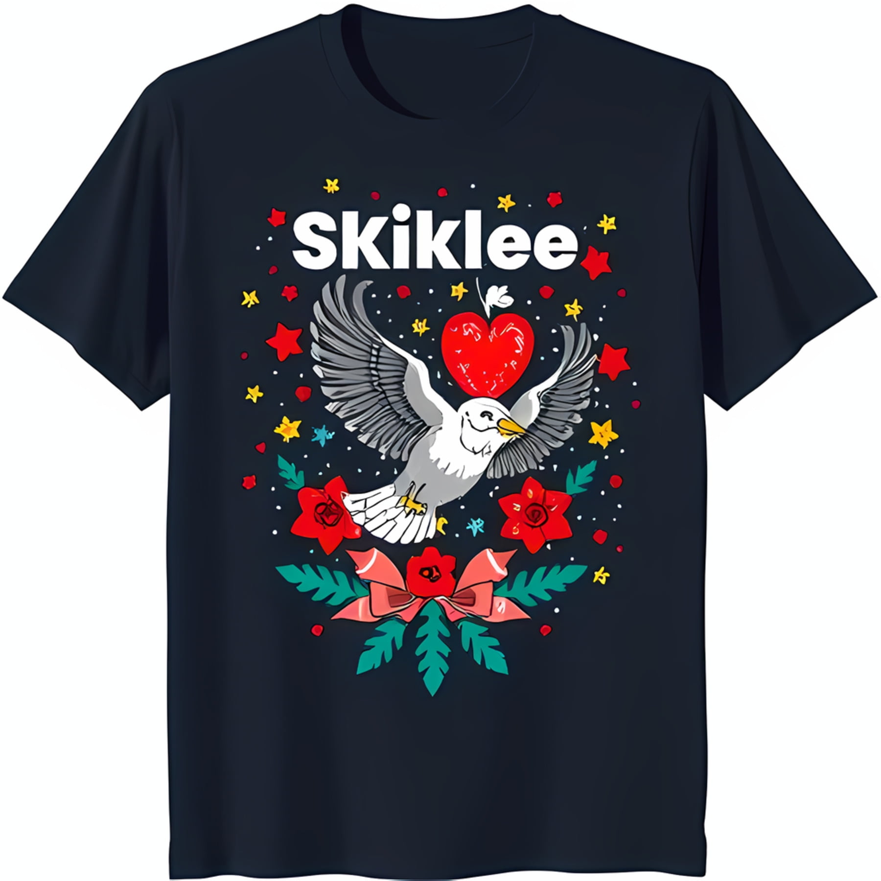 Deep Blue T-Shirt with White Bird Carrying Red Heart & Colorful Flowers ...
