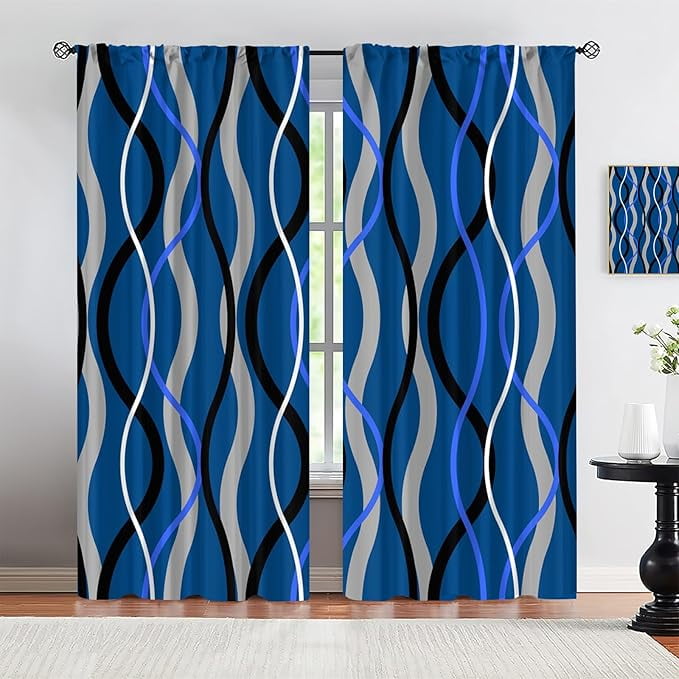 Deep Blue Wavy Lines Curtains Blue Water Ripple Line Blackout Curtains ...