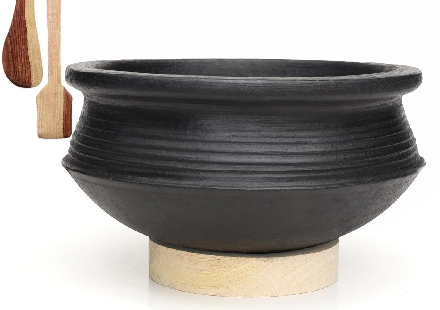 Deep Burned Uncoated Clay Biryani Pot Or Mitti Handi With 2 Wooden ...