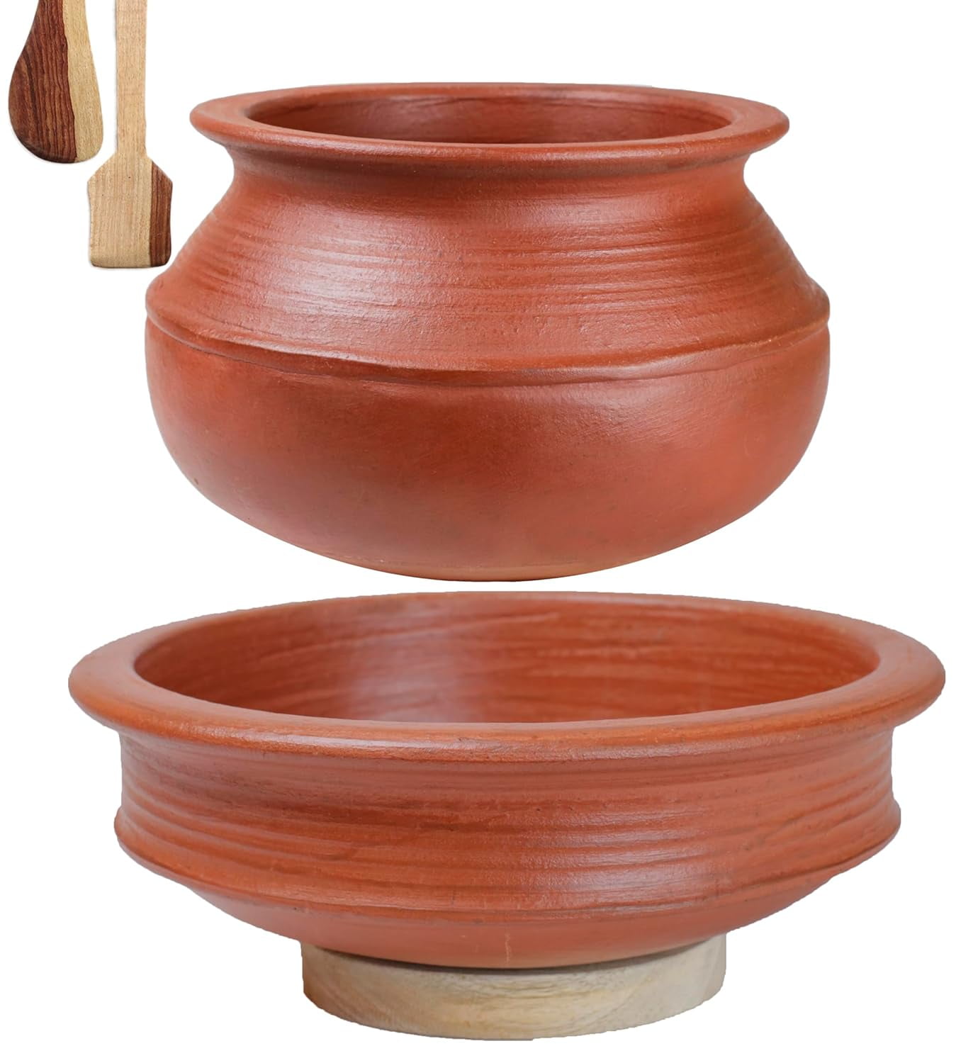 Deep Burned Uncoated Clay Handi + Pot Combo For Cooking & Serving With ...