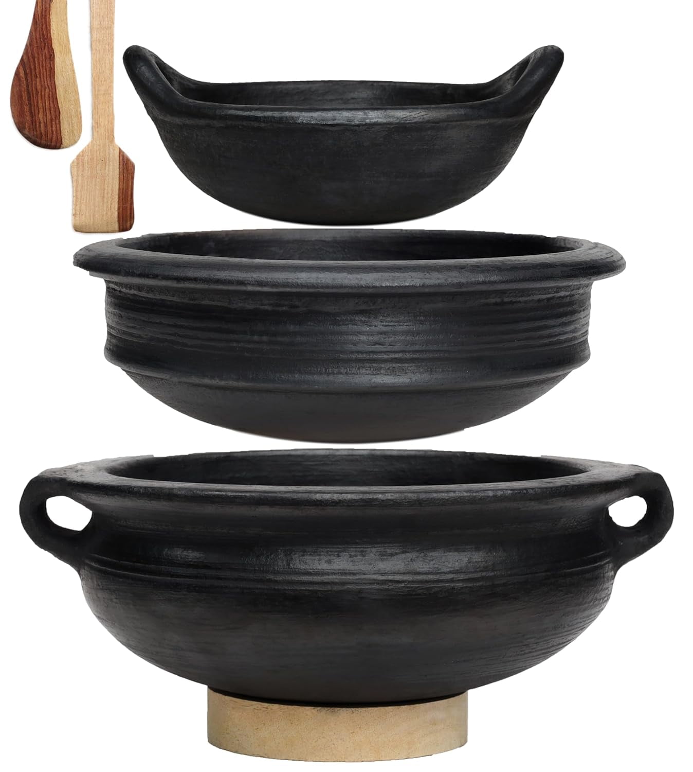 Deep Burned Uncoated Clay Pot + Kadai + Handi With Handle Combo With 2 ...