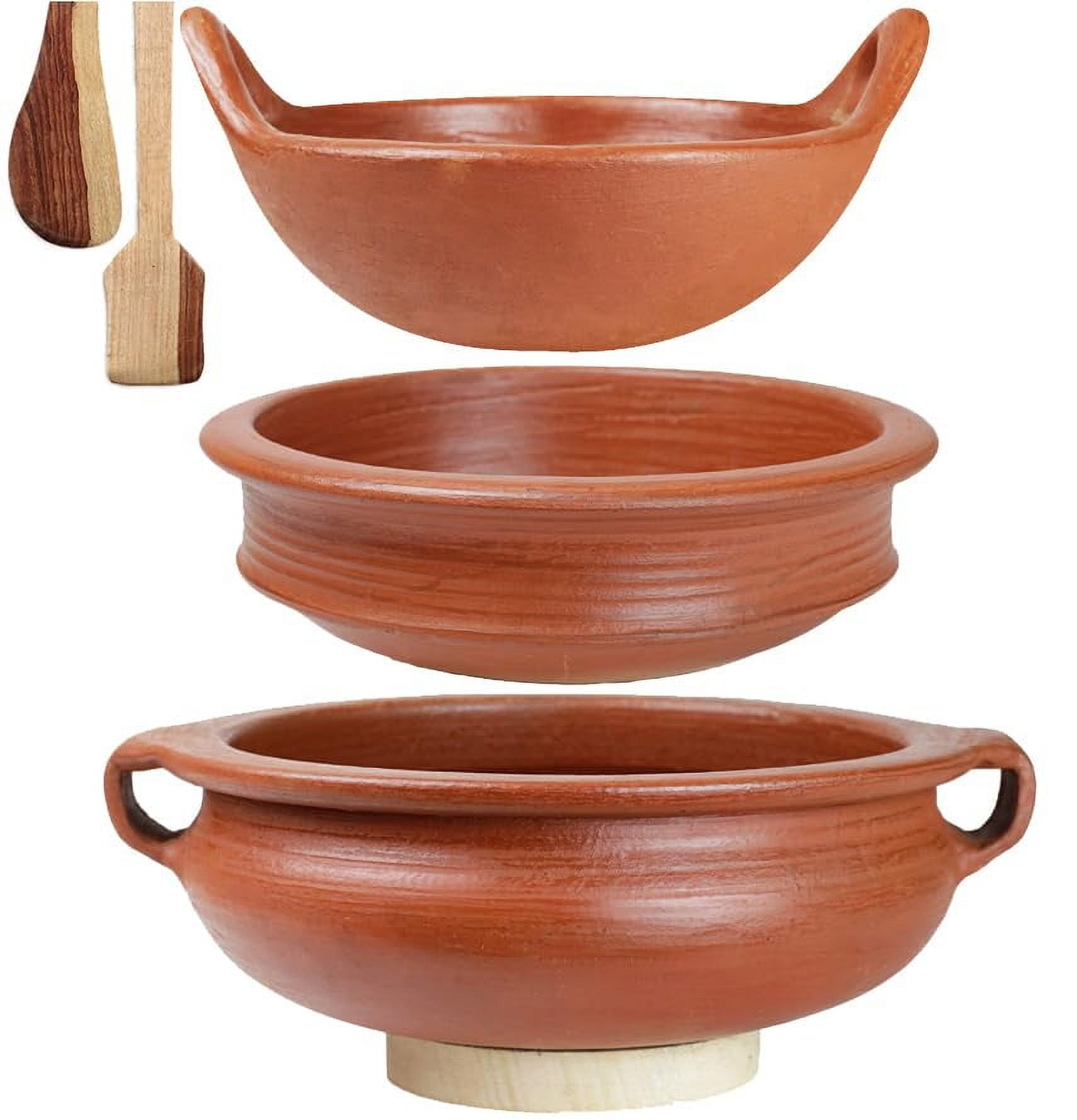 Deep Burned Uncoated Clay Pot + Kadai + Handi With Handle Combo With 2 ...