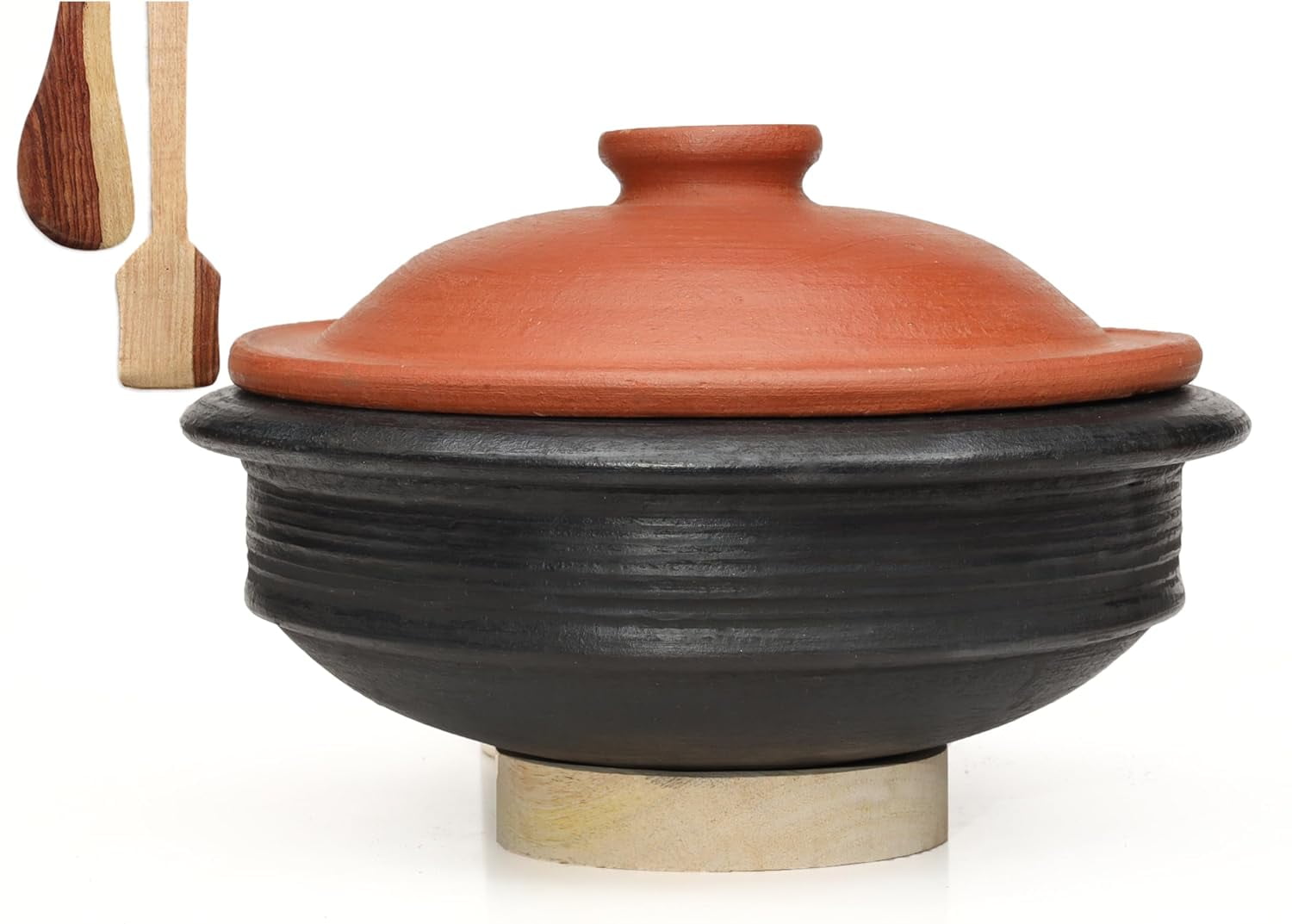 Deep Burned Uncoated Clay Pot With Lid Or Mitti Handi With 2 Spatulas ...