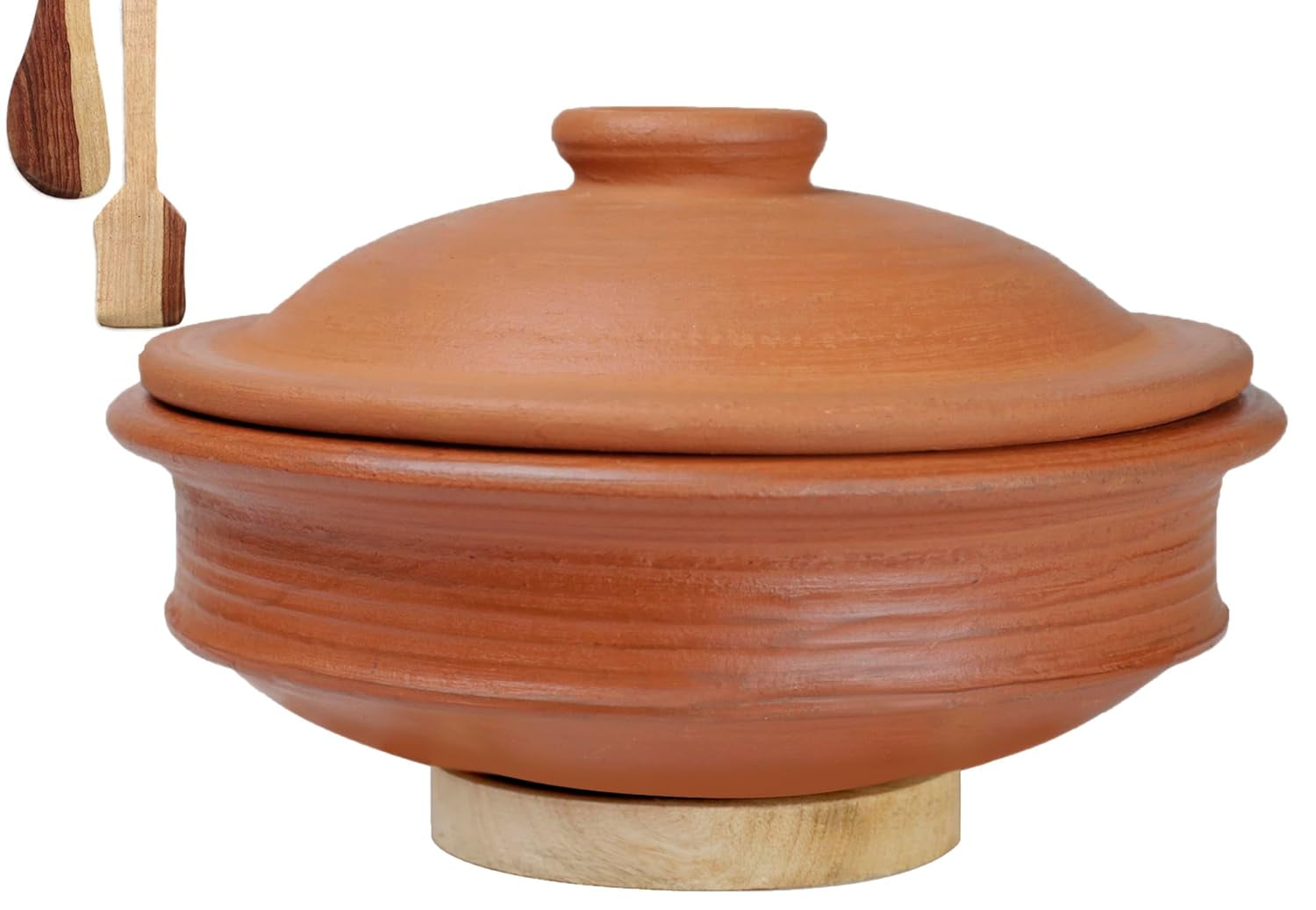 Deep Burned Uncoated Clay Pot With Lid Or Mitti Handi With 2 Spatulas ...
