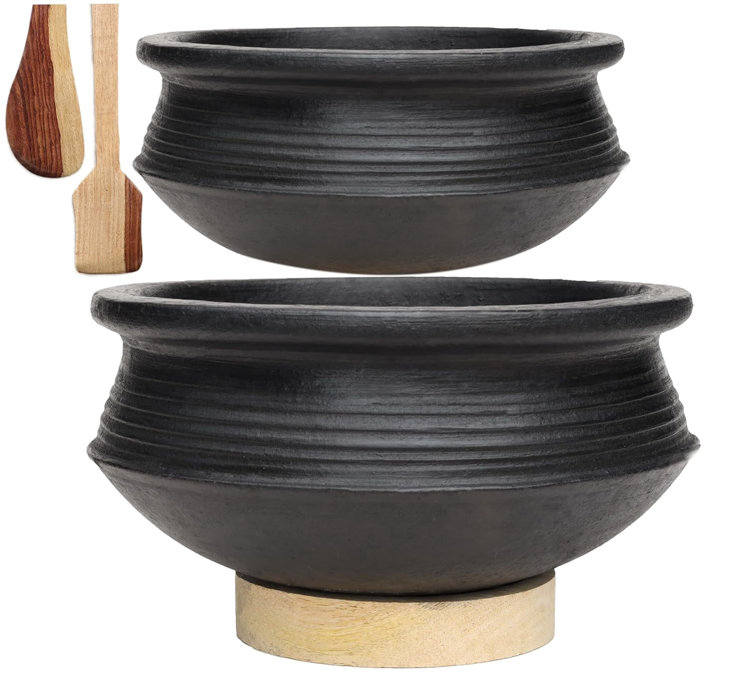 Deep Burned Uncoated Clay Pot Or Mitti Handi Combo With 2 Wooden ...