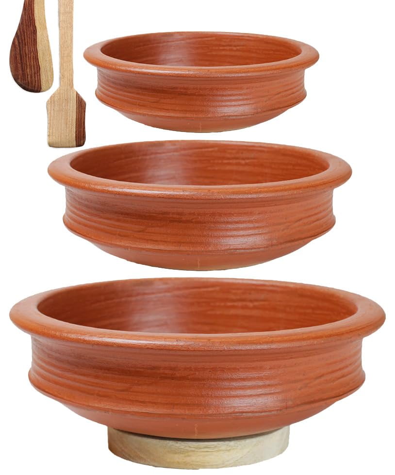 Deep Burned Uncoated Clay Pot Or Mitti Handi Combo With 2 Wooden ...