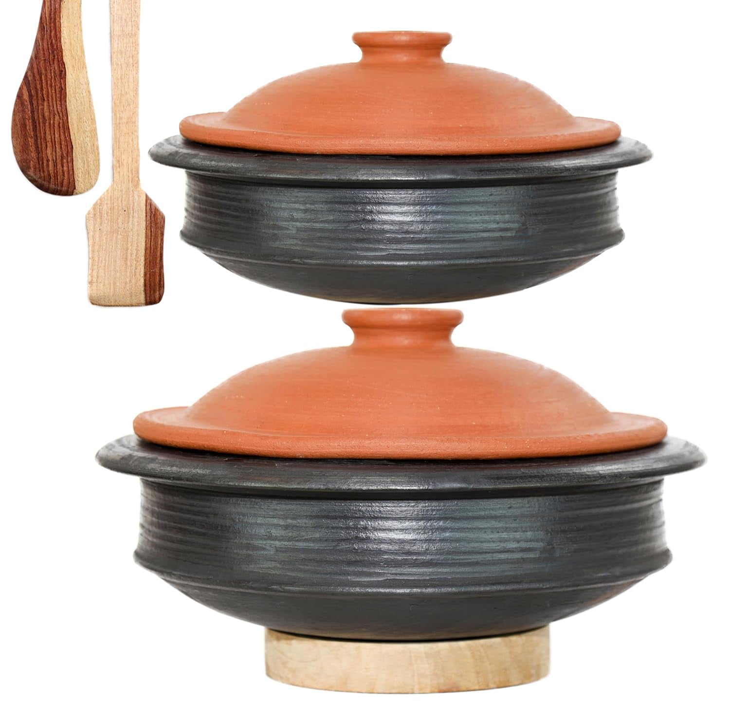 Deep Burned Uncoated Clay Pot Or Mitti Handi With Lid Combo + 2 Wooden ...