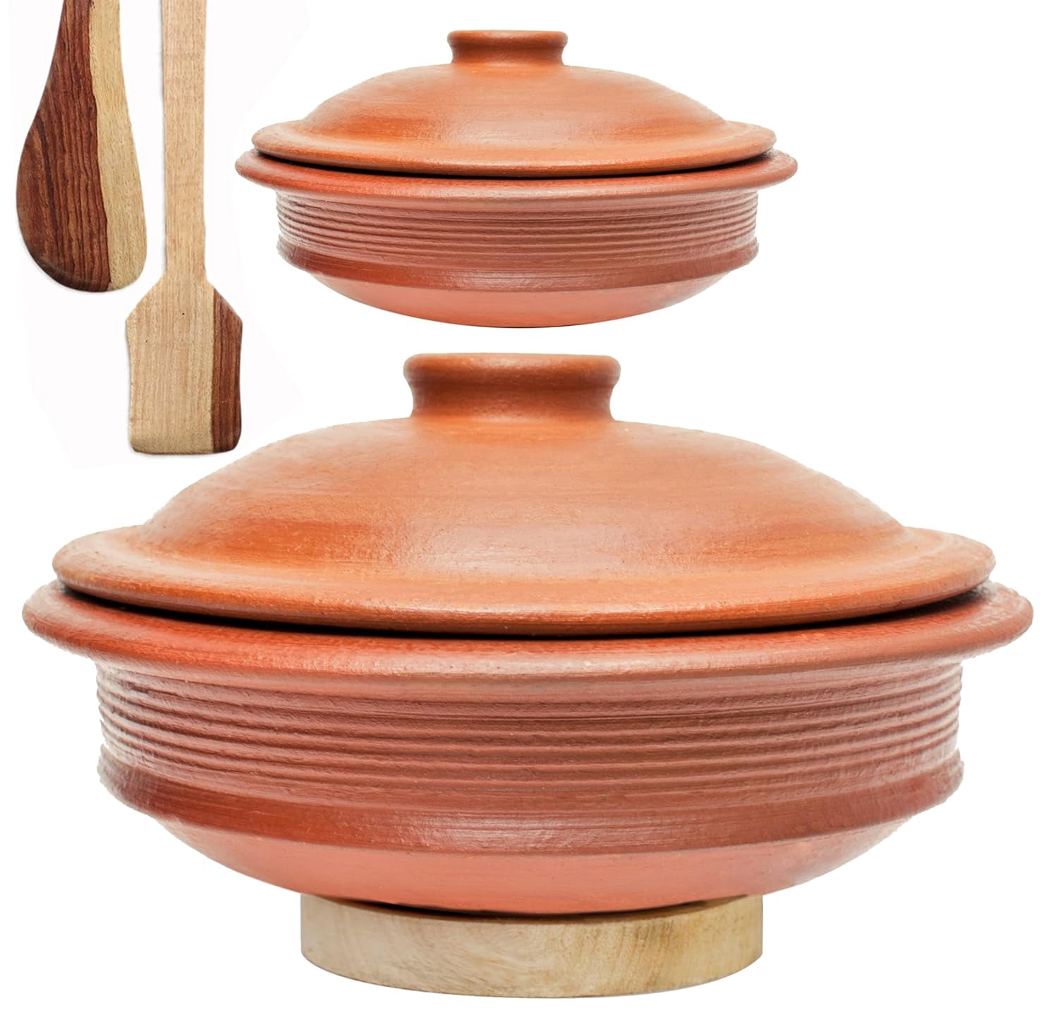 Deep Burned Uncoated Clay Pot Or Mitti Handi With Lid Combo + 2 Wooden ...